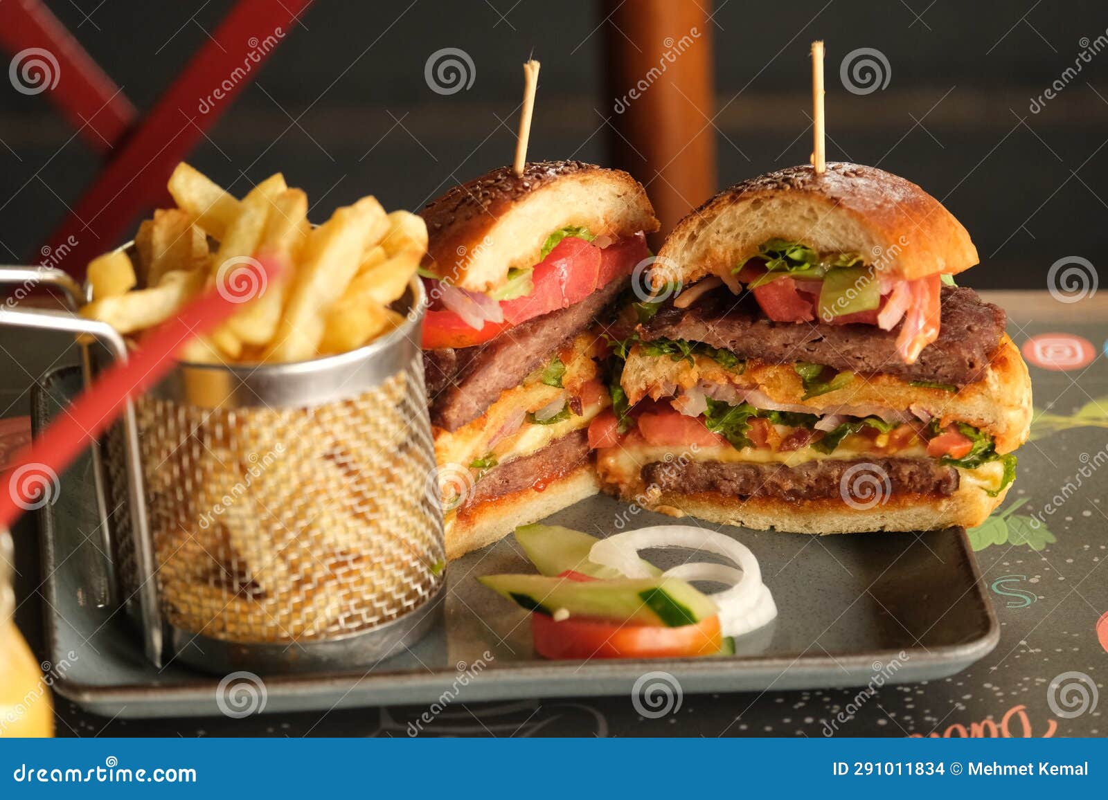 Double Meat Burger with Fried Onion Rings Stock Photo - Image of bread ...