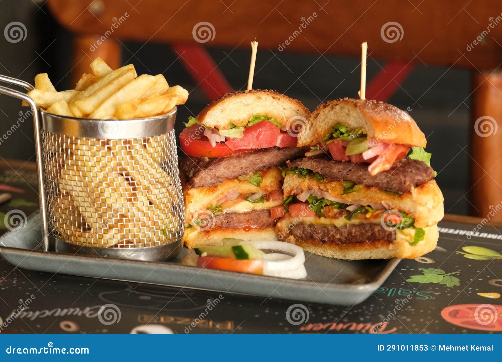 Double Meat Burger with Fried Onion Rings Stock Image - Image of ...