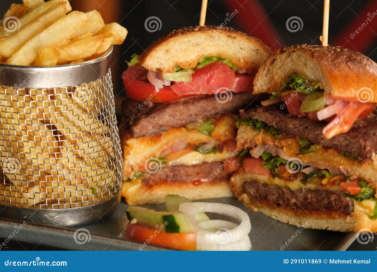 Double Meat Burger with Fried Onion Rings Stock Image - Image of ...