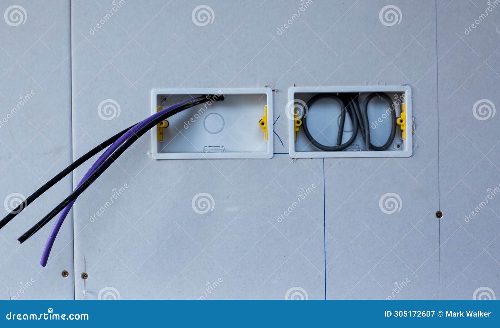 Socket Back Boxes With Wires In A Wall. Cabling Background. Colorful ...