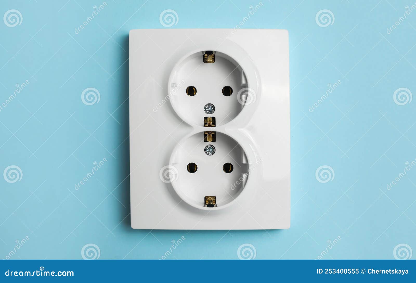 Double Power Socket on Light Blue Wall. Electrical Supply Stock Image ...