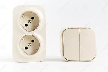 Double Socket and Two-key Light Switch on White Background. Stock Image ...