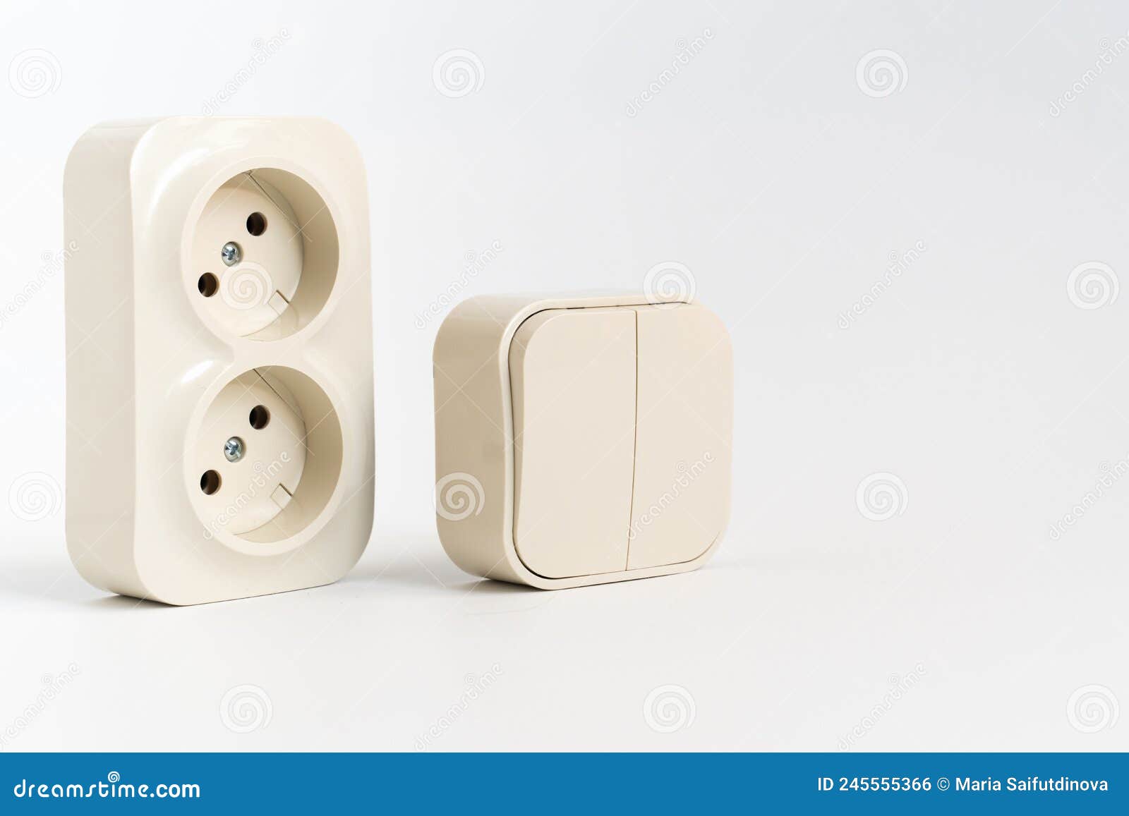 Double Socket and Two-key Light Switch on White Background. Stock Photo ...