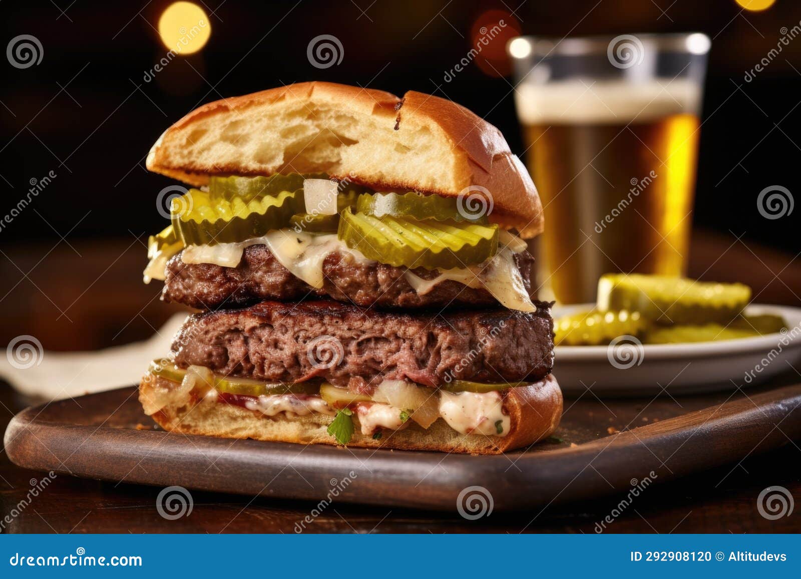 Double Stack Beef Burger with Pickle Stock Photo - Image of beef ...