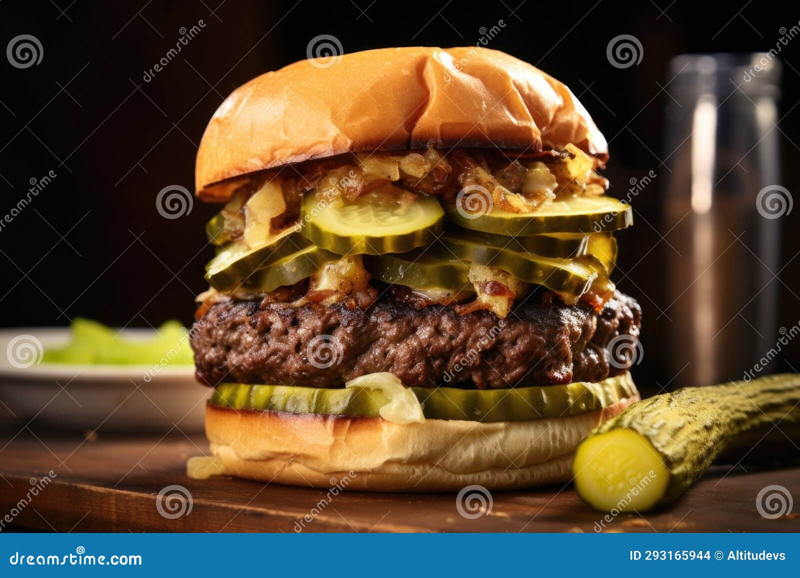 Double Stack Beef Burger with Pickle Stock Photo - Image of american ...