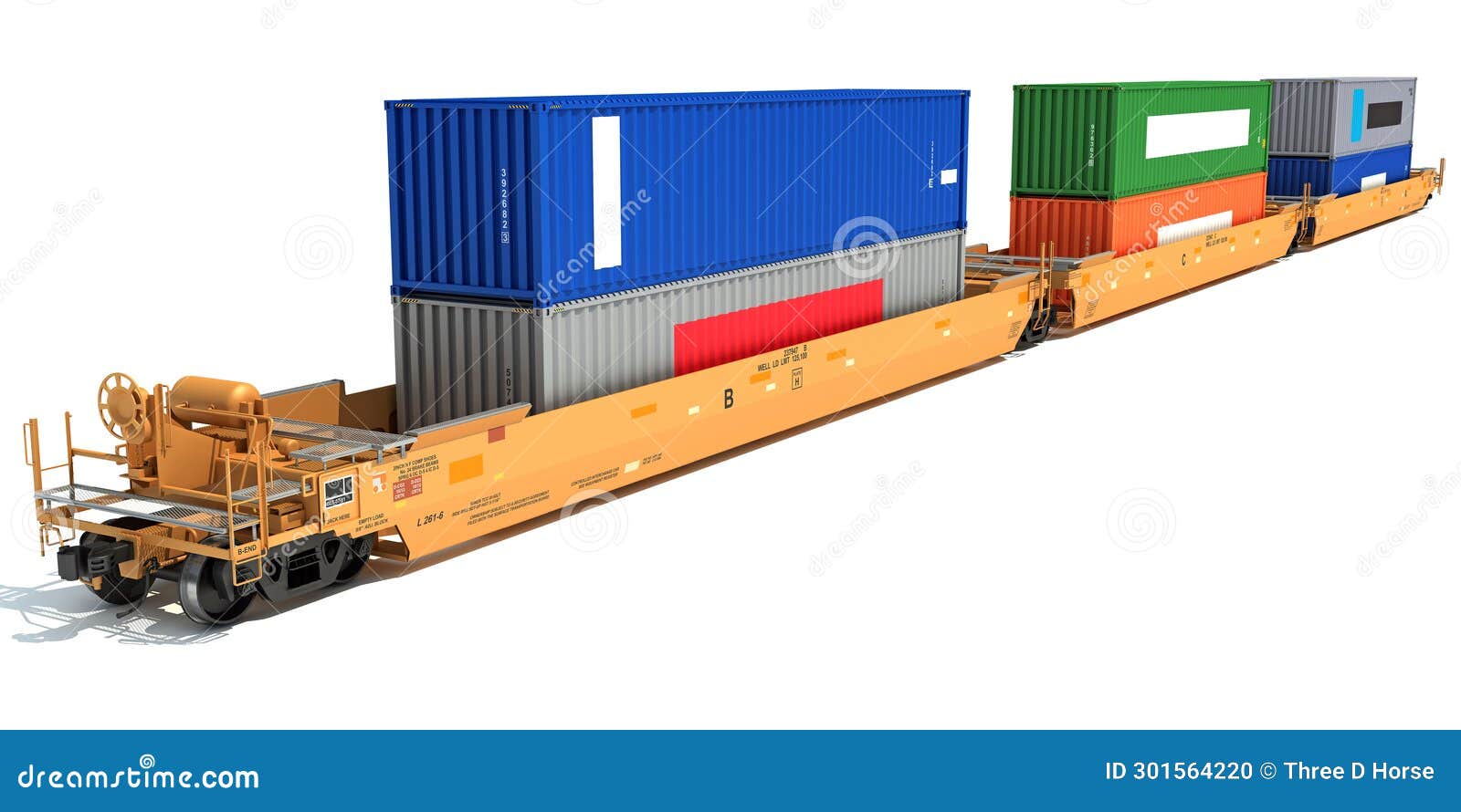Double Stack Train Cars With Containers 3D Rendering On White ...