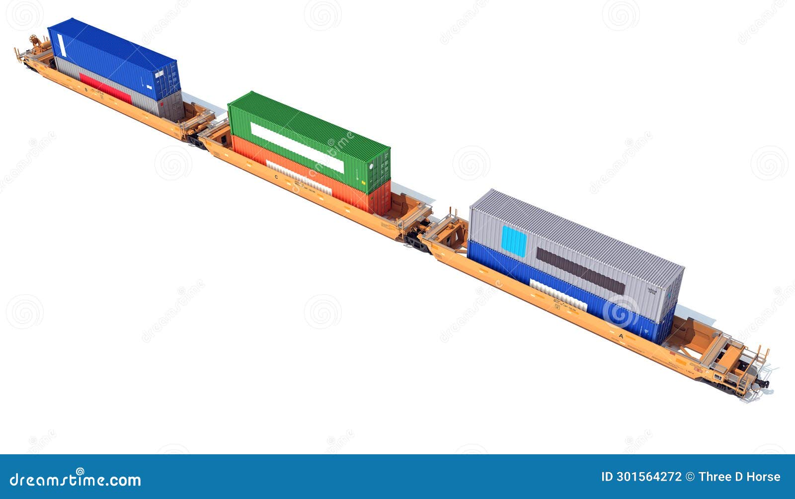 Double Stack Train Cars with Containers 3D Rendering on White ...