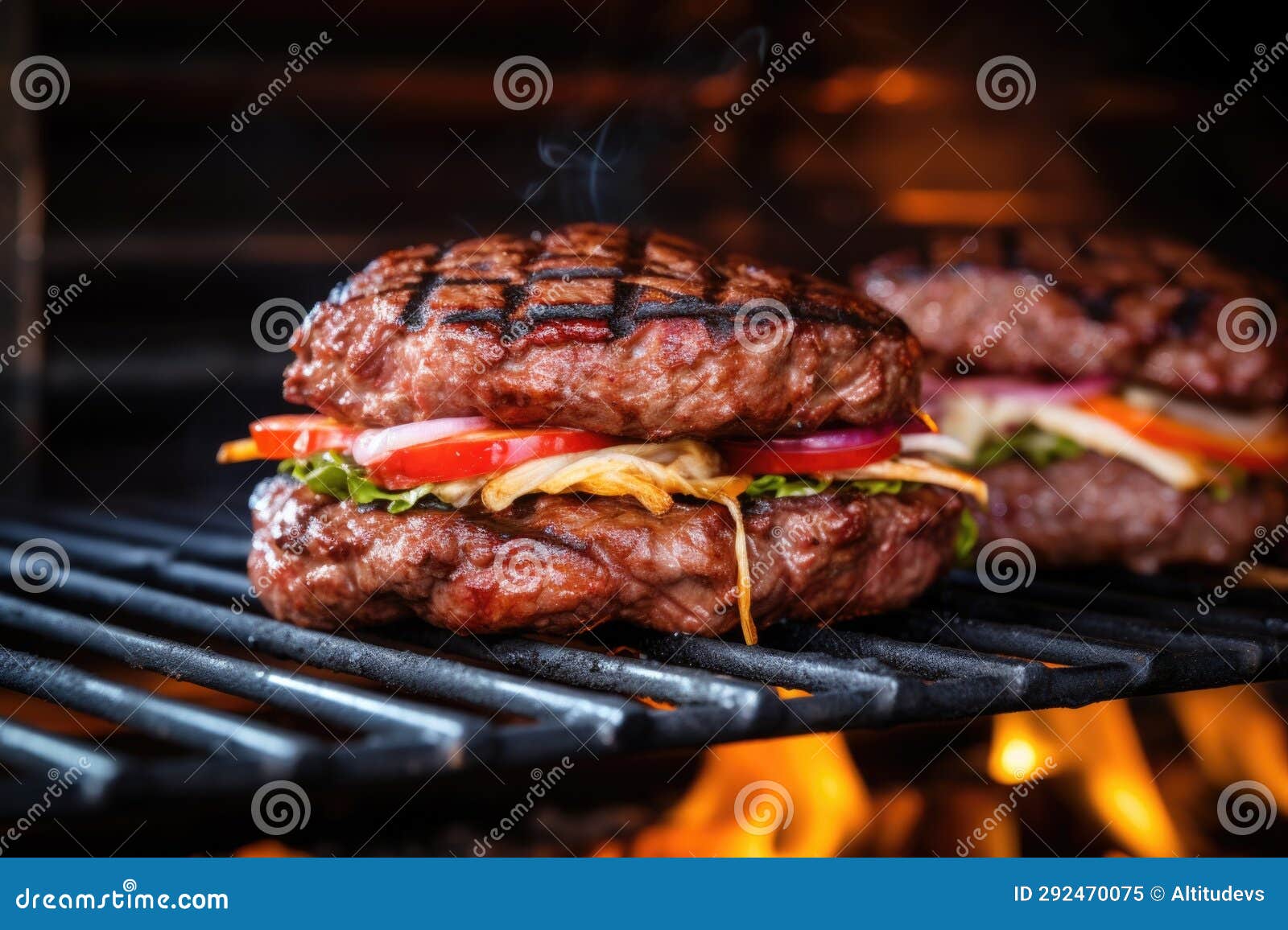 Double Stacked Burger Sizzling on High-temperature Grill Stock Image ...