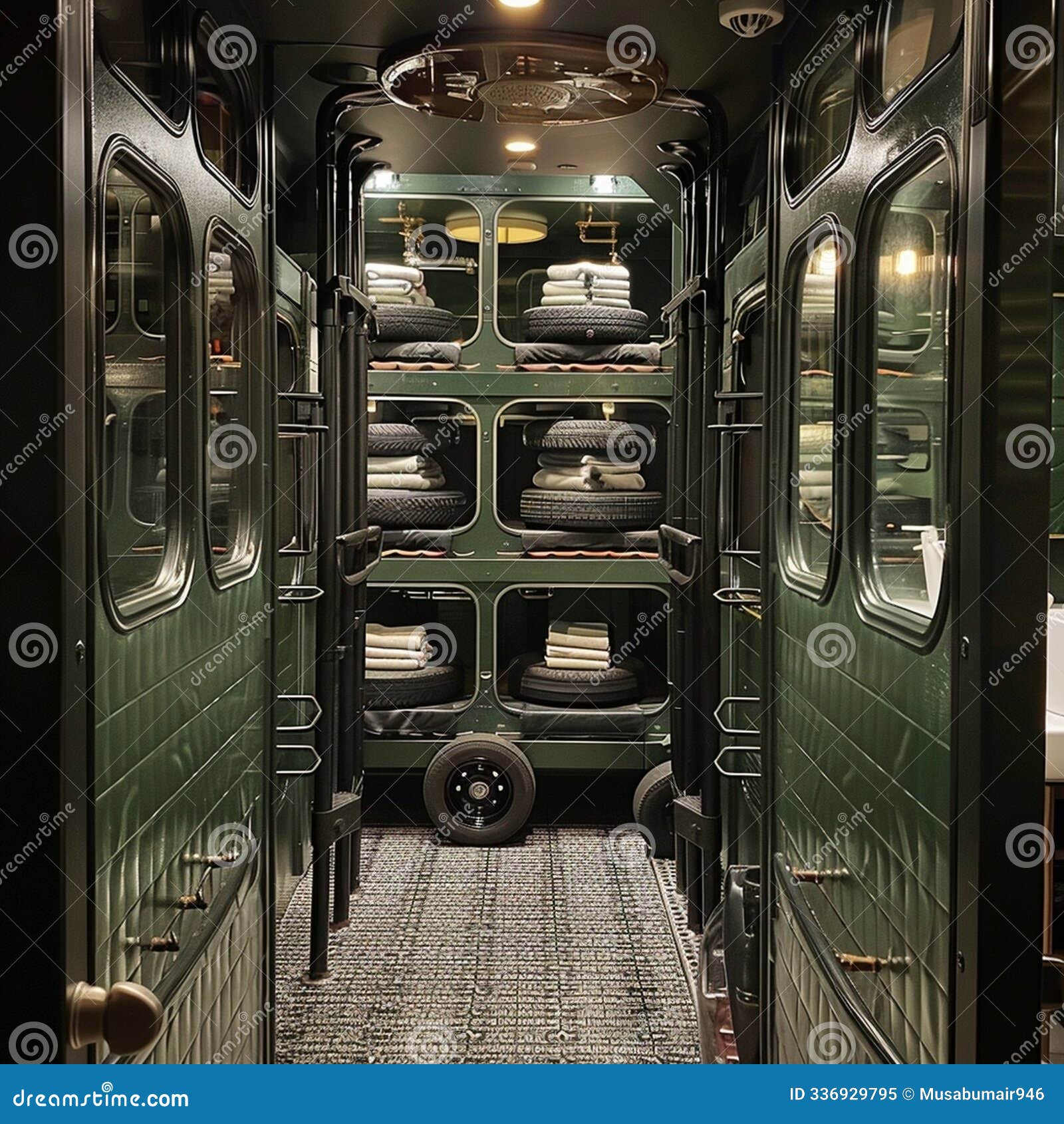 Double-stacked Bus in Bathroom with Tire Stoppers Stock Illustration ...