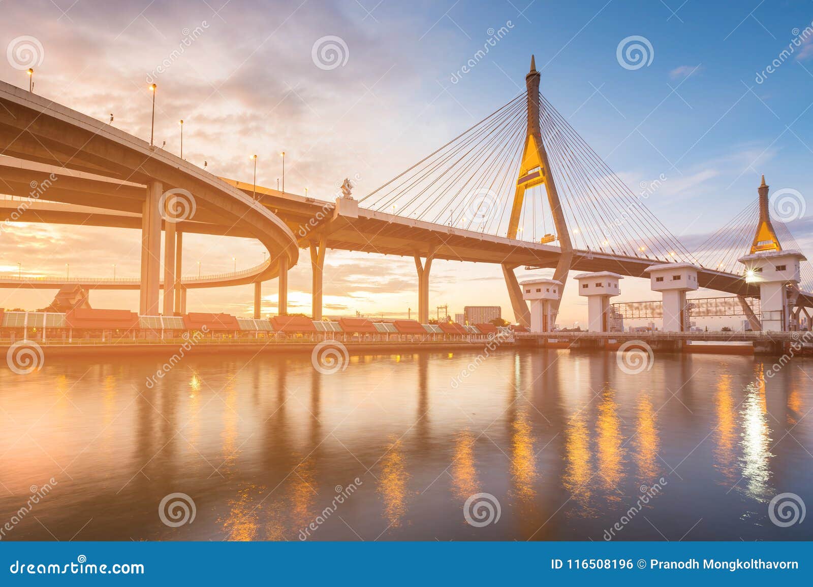 Double Suspension Bridge Over River Front Stock Photo - Image of east ...