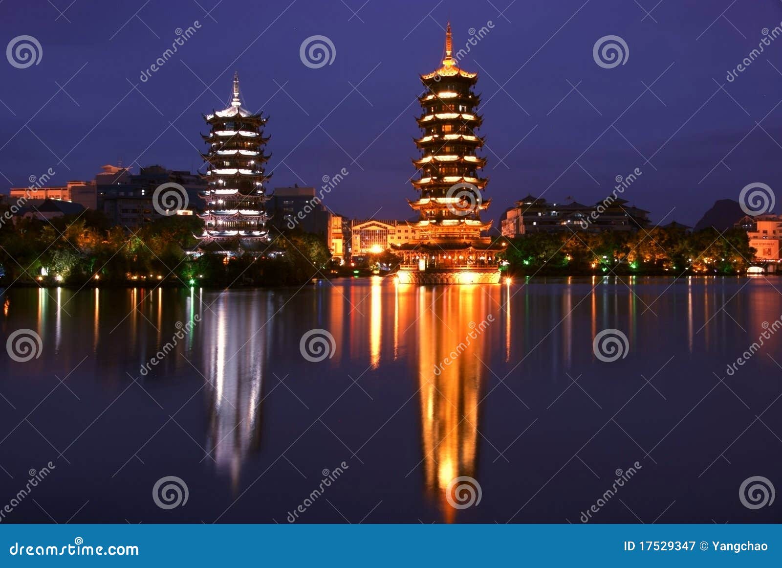 Double Towers in Guilin Nightscape Stock Image - Image of traditional ...