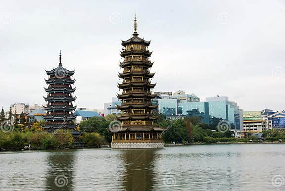 Double towers in park stock photo. Image of pagoda, water - 17517466
