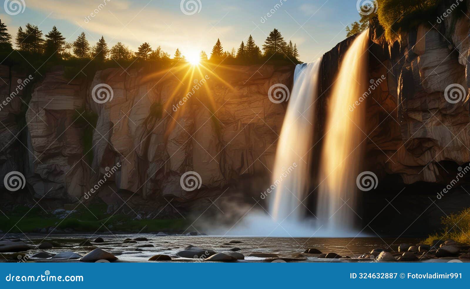 Double Waterfall Falls from a Cliff in the Summer Sun Stock Image ...
