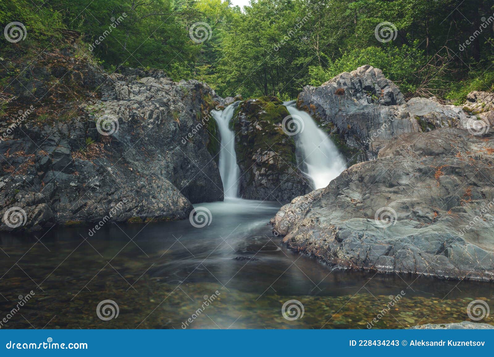 A Double Waterfall in the Woods. Taiga, Mountain Stream Stock Image ...