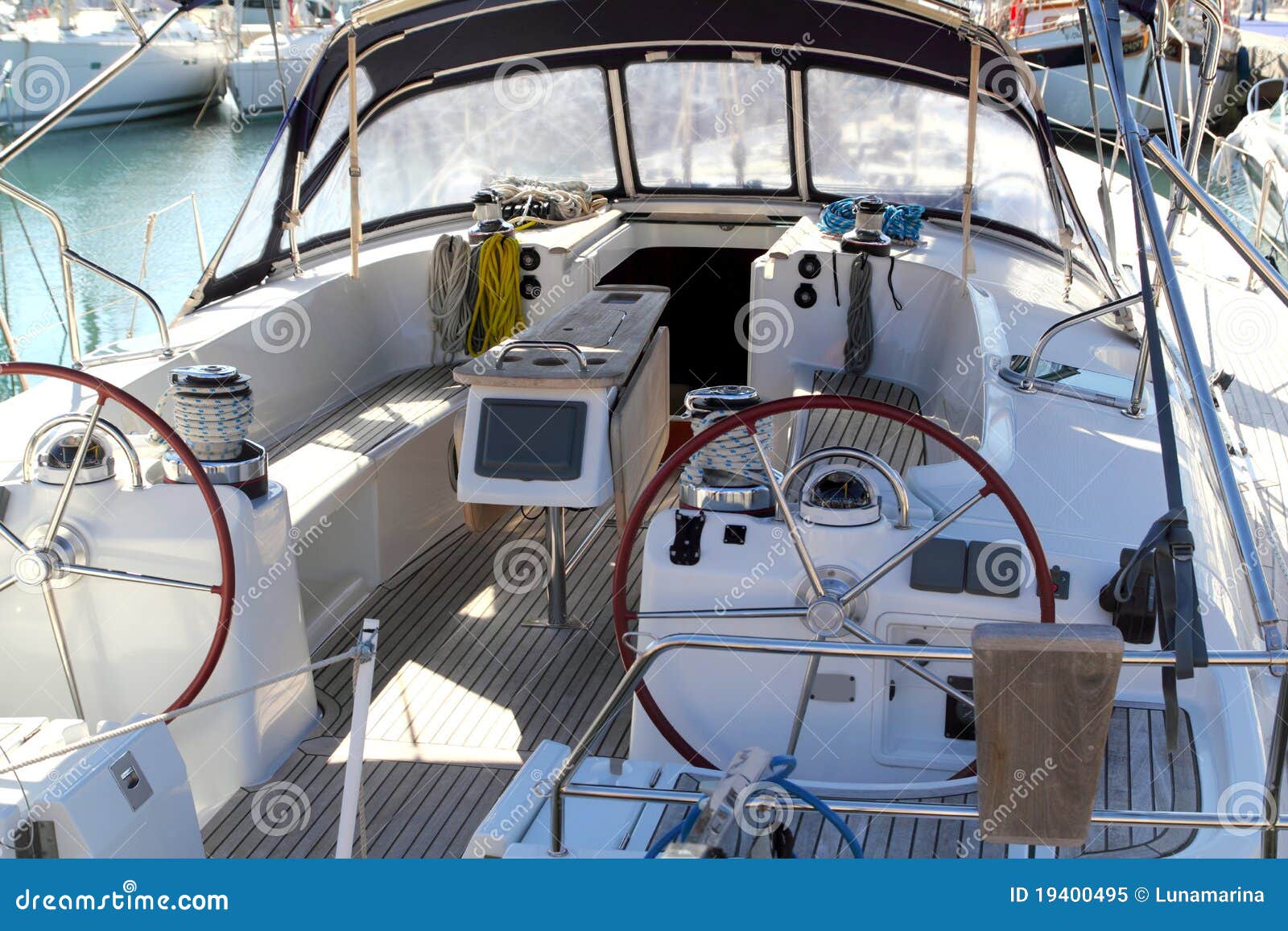 Double Wheel Sailboat Stern Deck Area Moored Stock Image - Image of ...