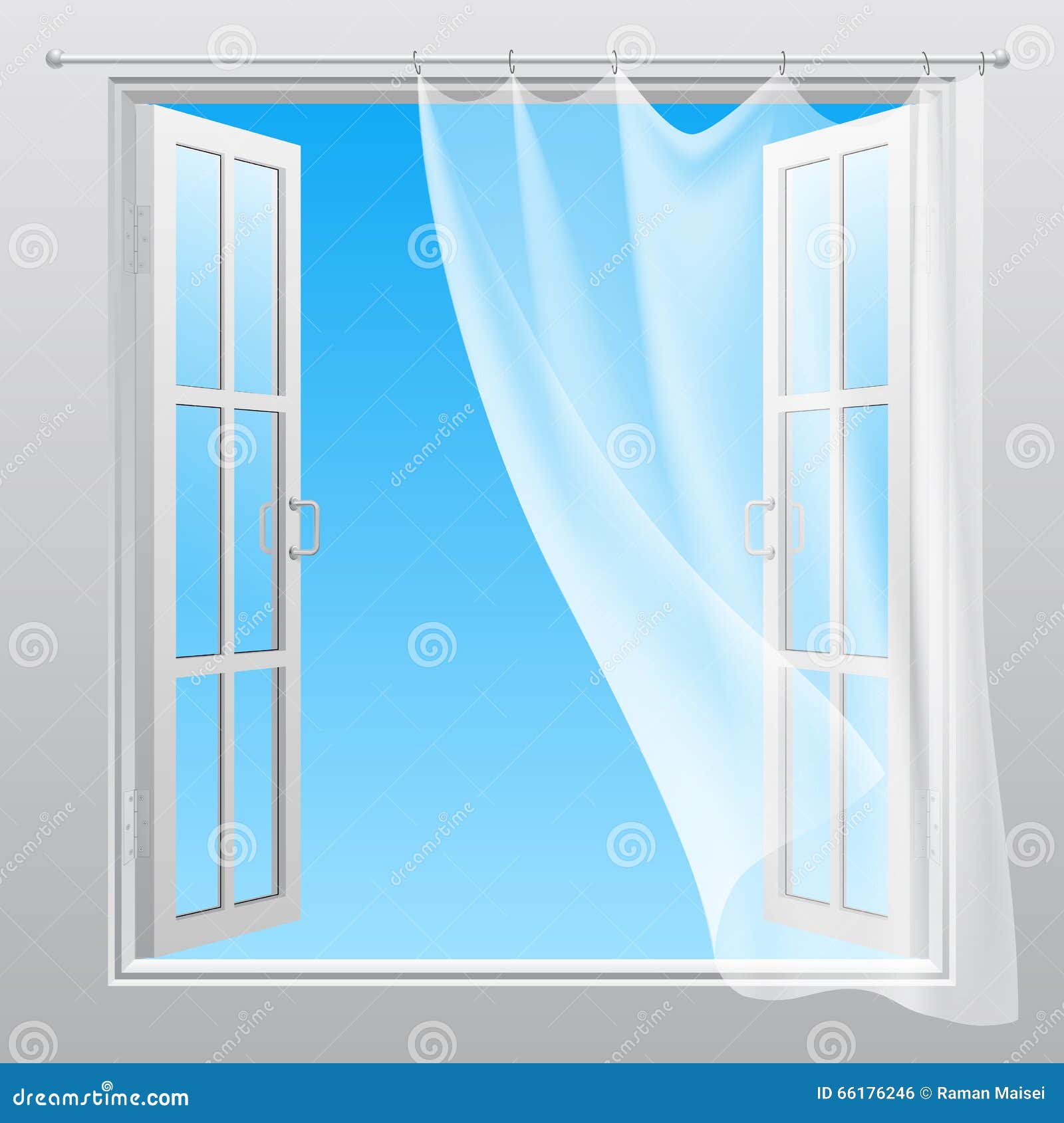 Double Window with Fluttering Curtain Stock Vector - Illustration of ...
