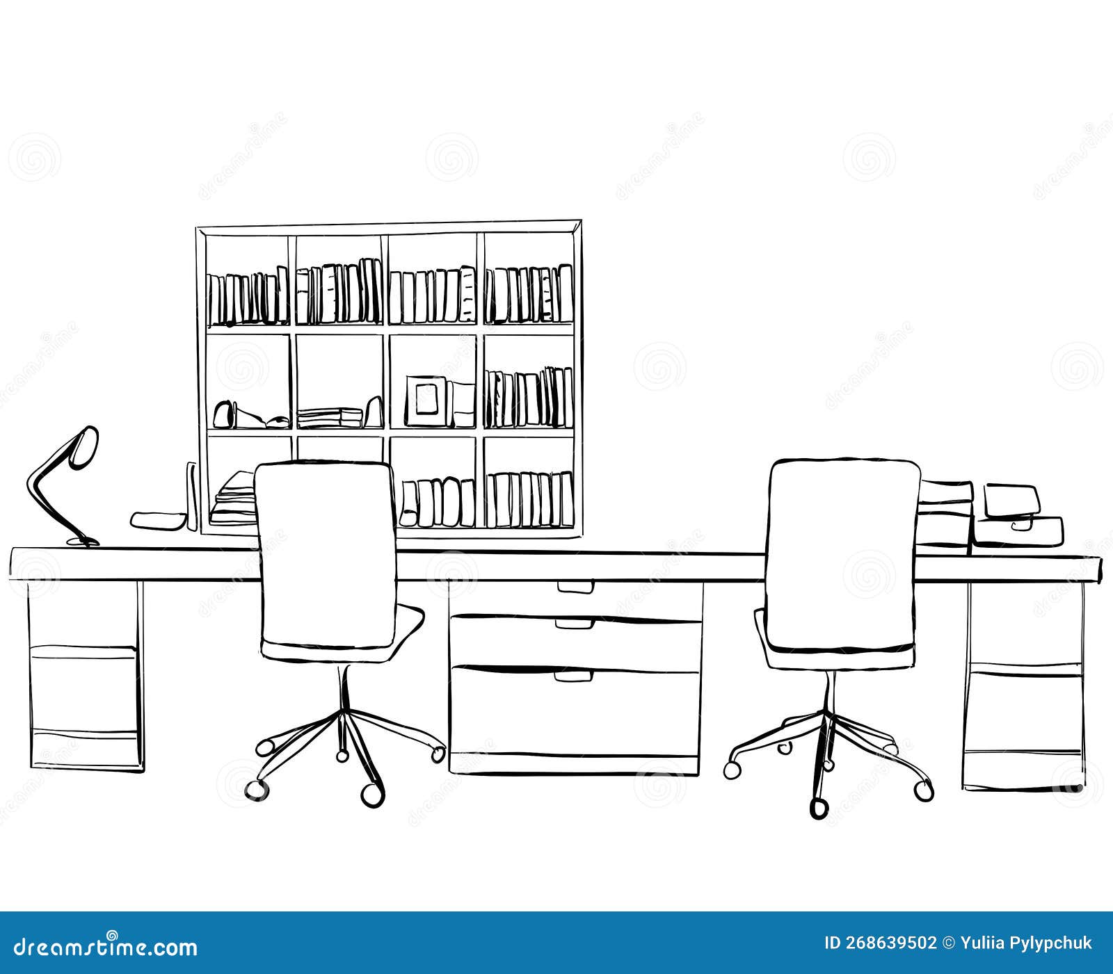 Double Workspace Sketch. Chair, Table, Computer, Office Furniture ...