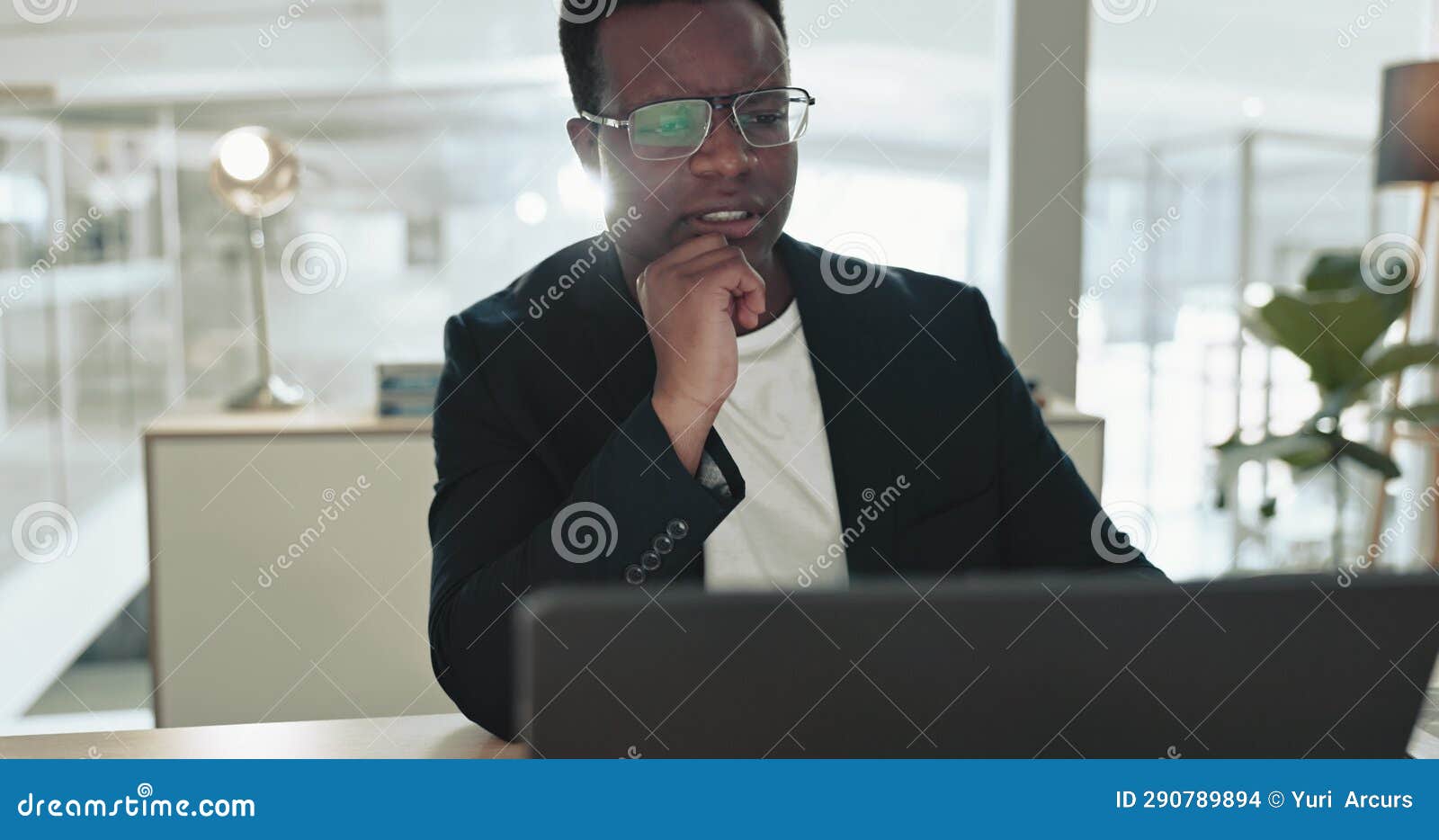 Doubt, Thinking and Black Man on Laptop in Business Startup Office ...