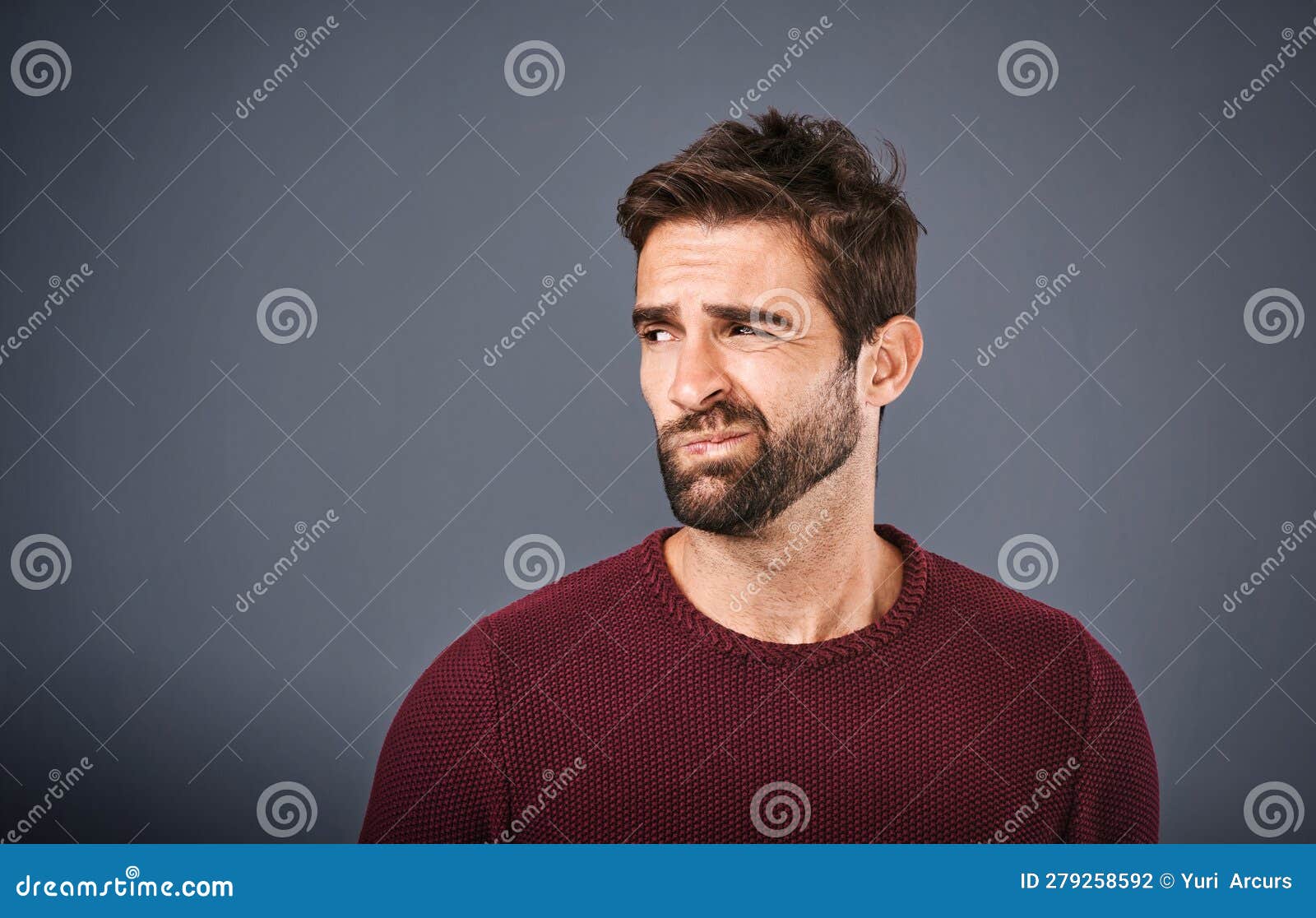 Doubt, Thinking and Face of Unsure Man in Studio with Worry, Uncertain ...