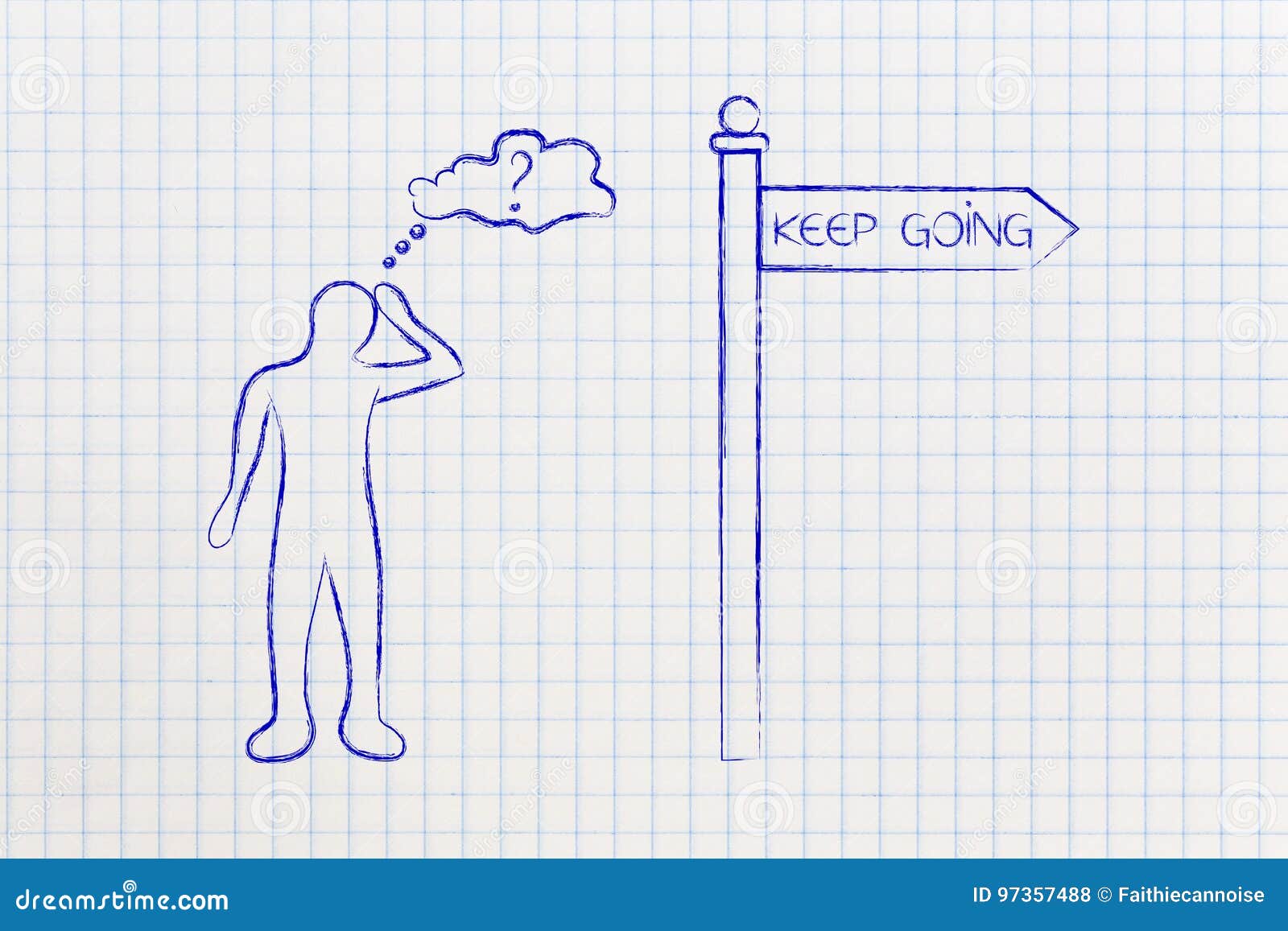 Doubtful or Insecure Man Next To Road Sign with Text Keep Going Stock ...