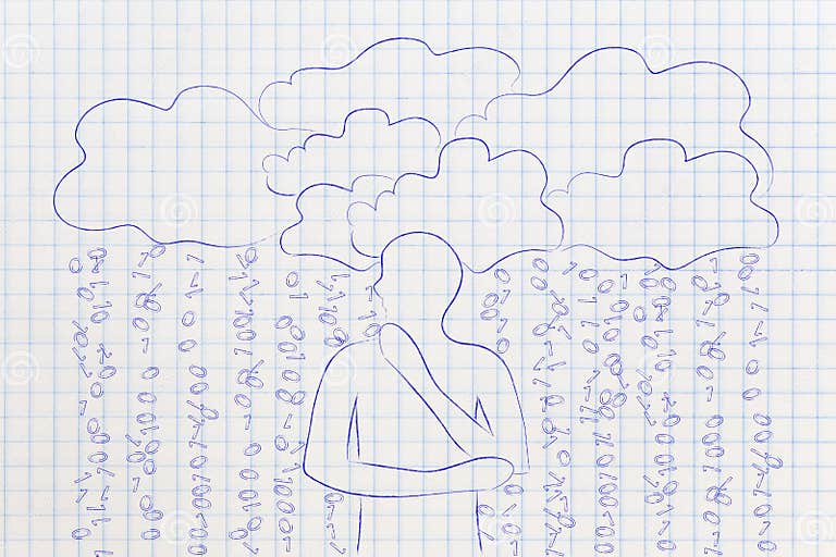 Doubtful Man and Digital Clouds with Binary Code Data Leak Rain Stock ...