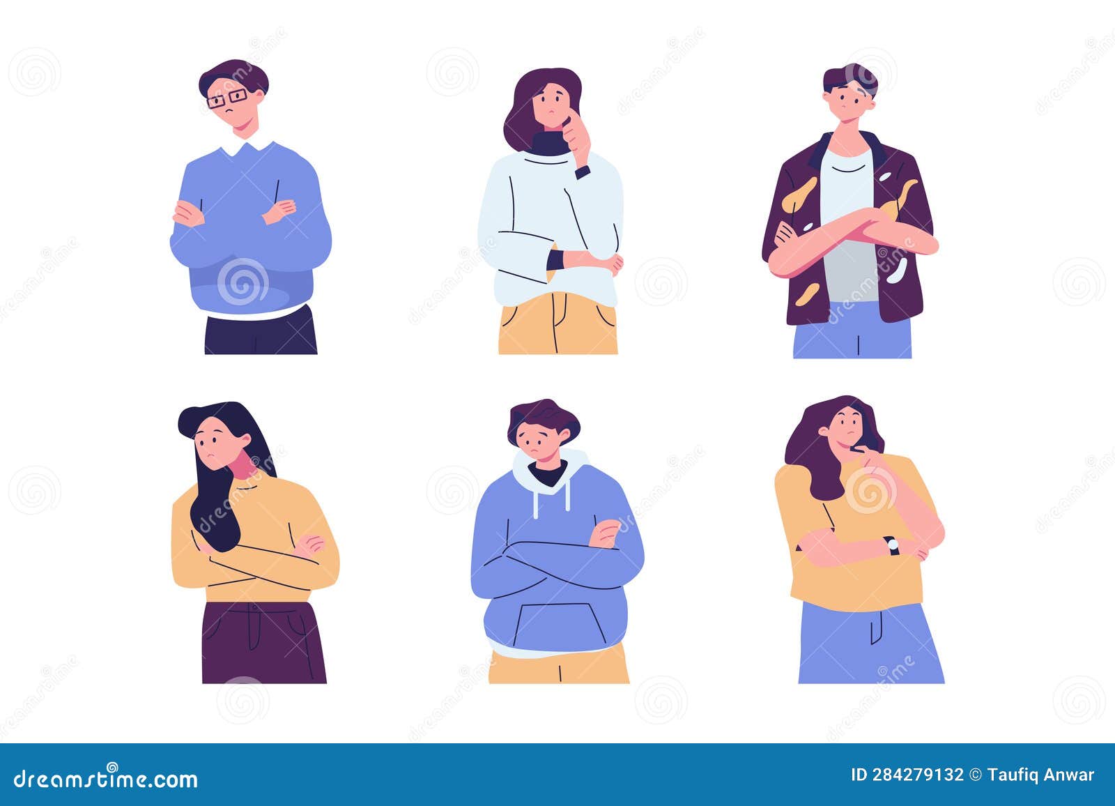 Doubtful Serious Characters Set. Flat Vector Illustrations Isolated on ...