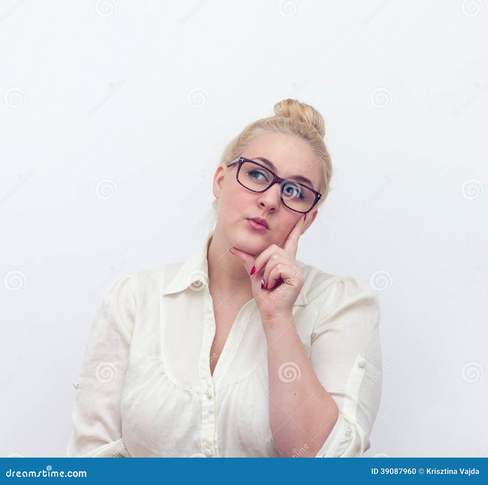 Doubtful Young Woman Thinking, on White Stock Photo - Image of busty ...