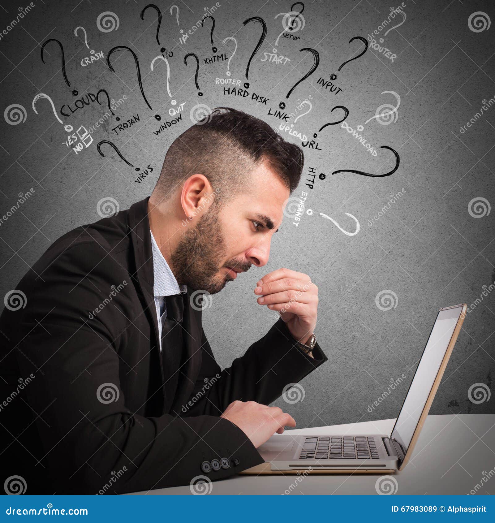 Doubts on computer use stock image. Image of quest, confused - 67983089