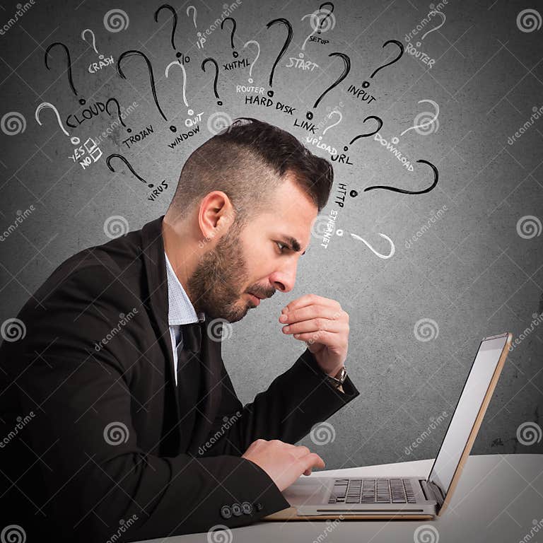 Doubts on computer use stock image. Image of quest, confused - 67983089