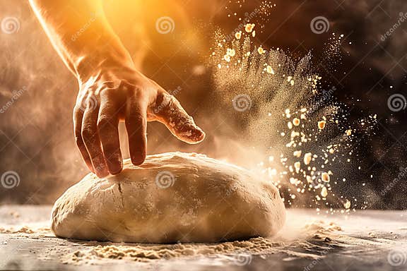 Dough Being Kneaded On A Countertop With Overhead Lighting Hands Kneading Generative Ai Stock