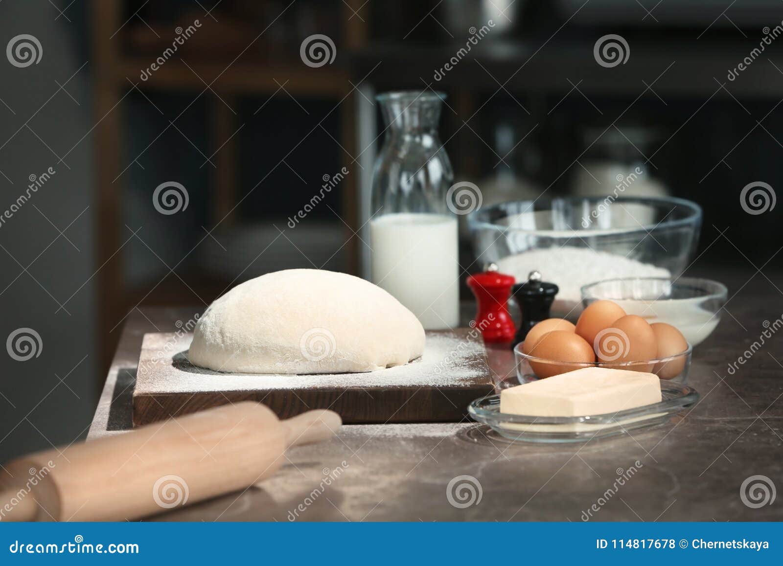 Dough Covered with Flour and Ingredients Stock Photo - Image of ...