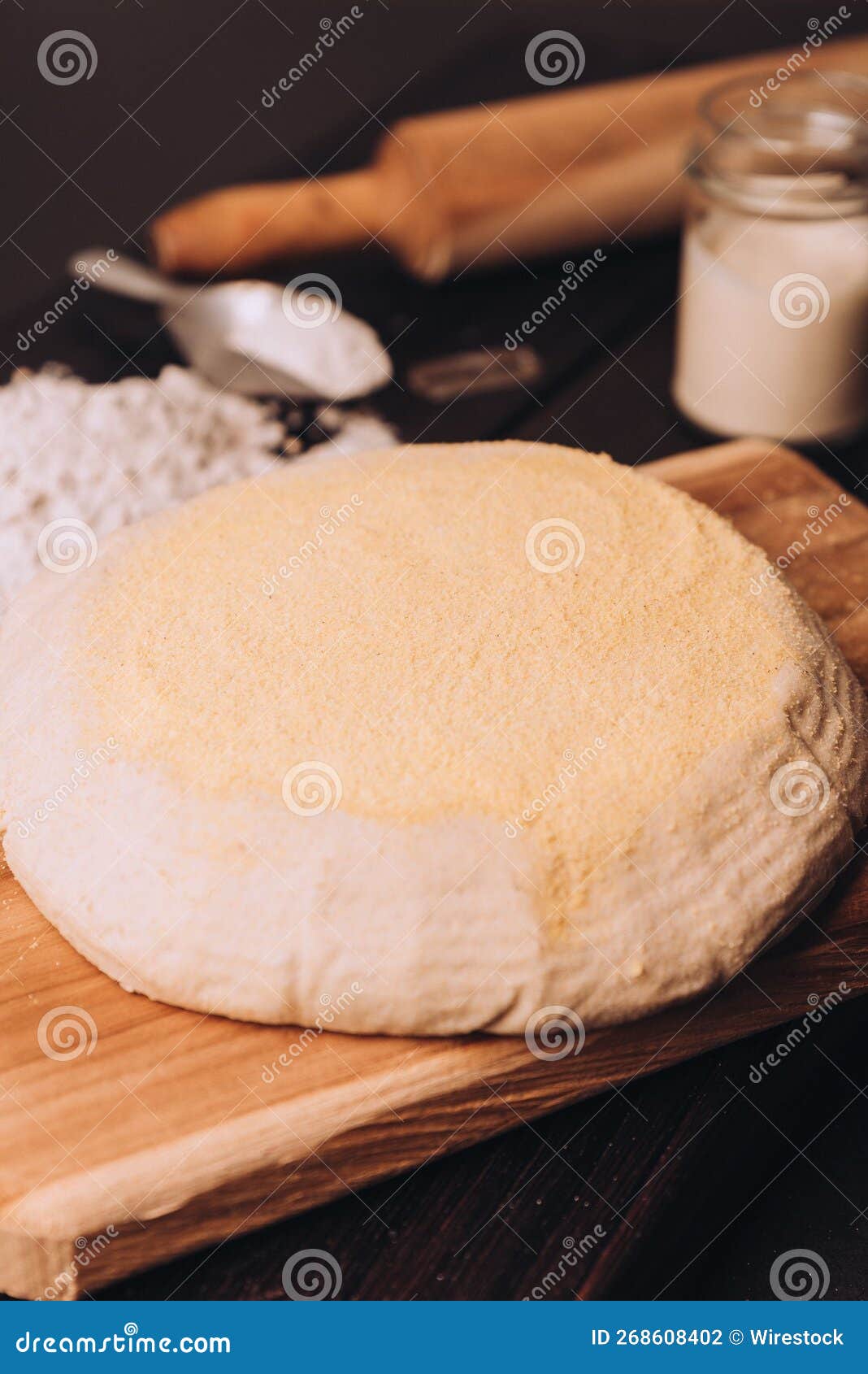 Dough with Flour and Roller on Table Stock Photo - Image of preparation ...