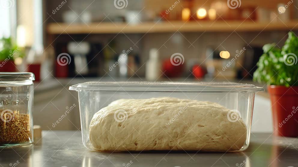 Dough Rising in a Clear Plastic Container in Kitchen Stock Illustration ...