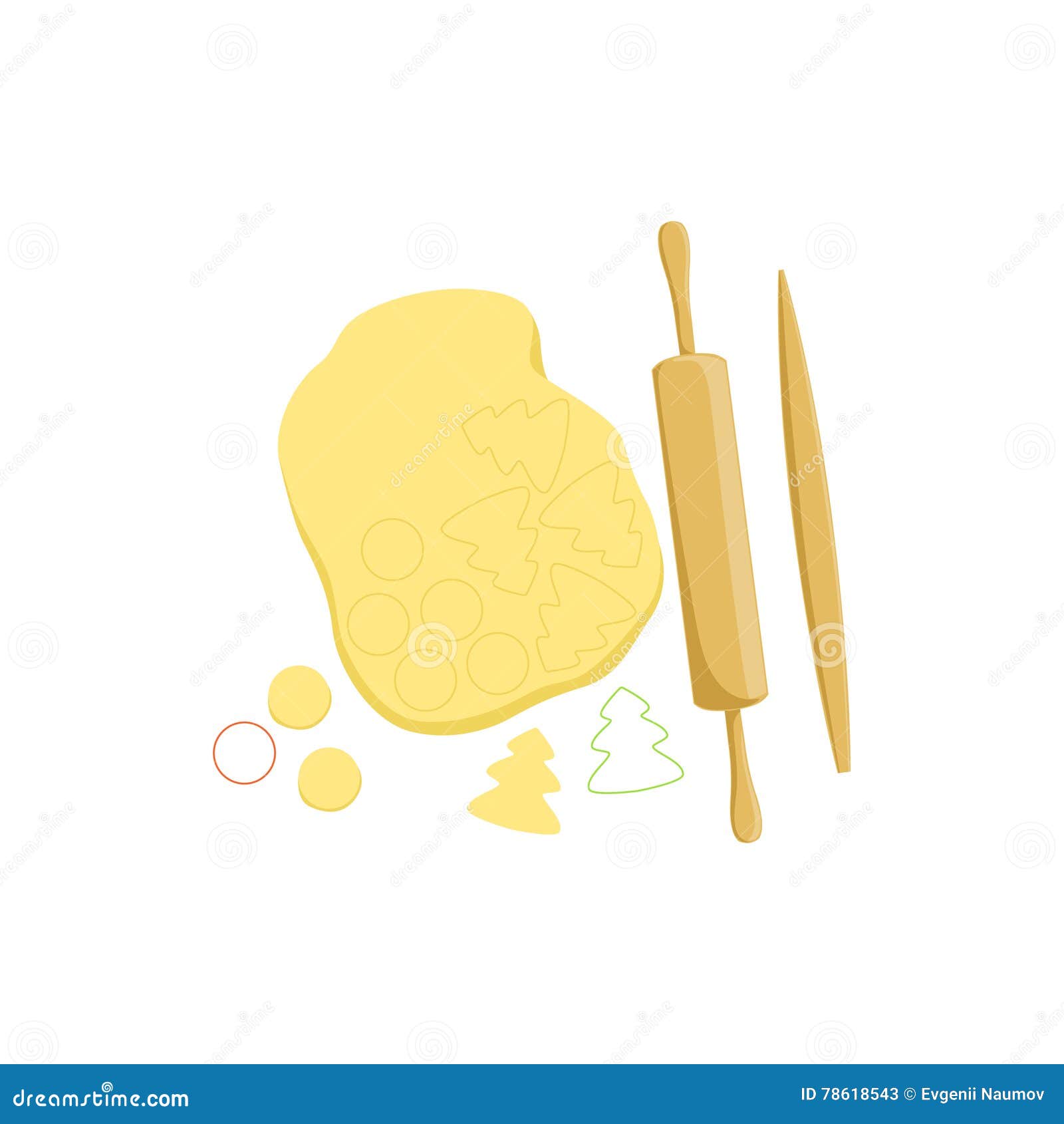 Dough and Rolling Pin Baking Process Kitchen Equipment Isolated Item ...