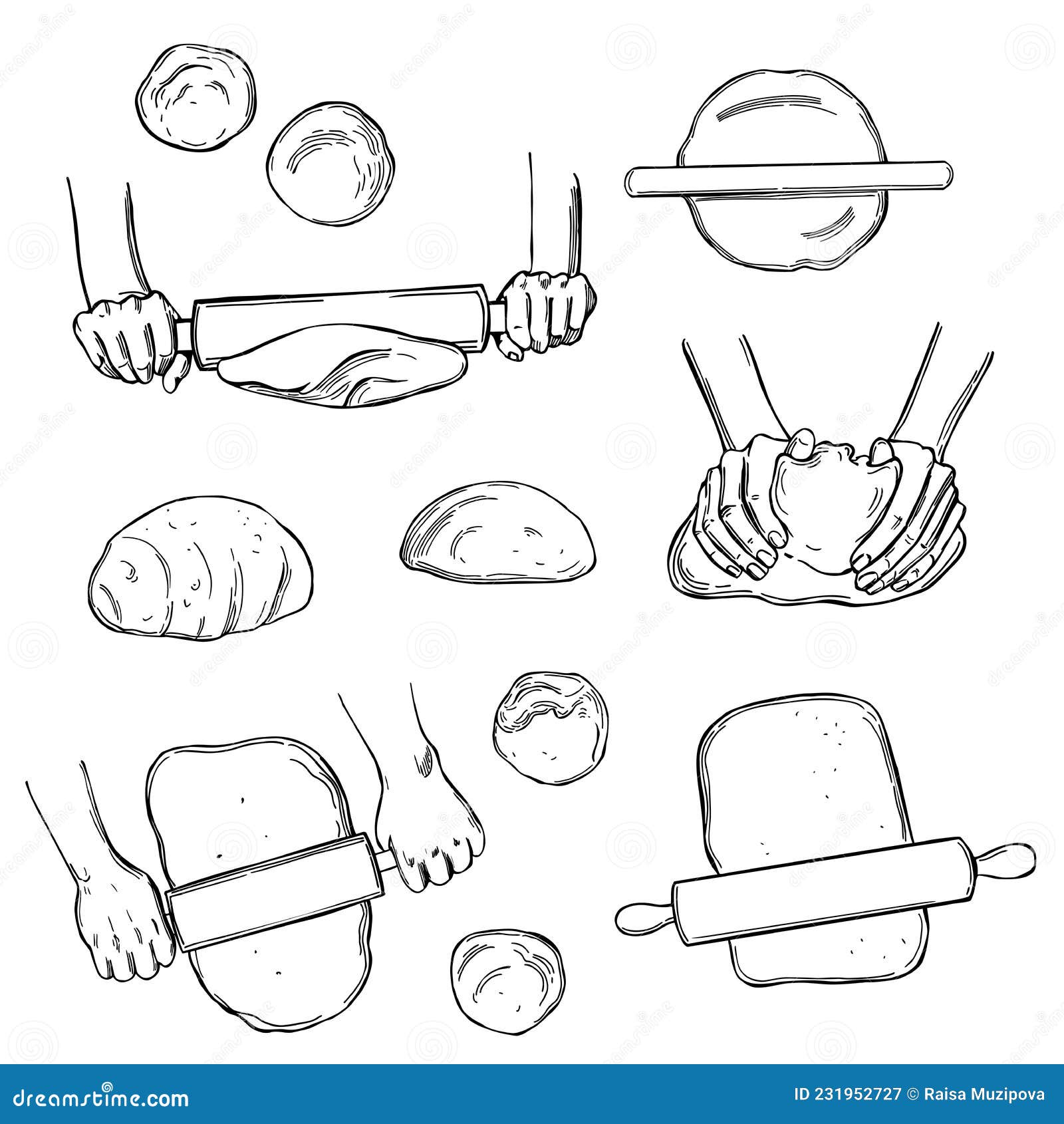 Dough Set, Hands Rolling the Dough. Sketch Illustration Stock Vector ...