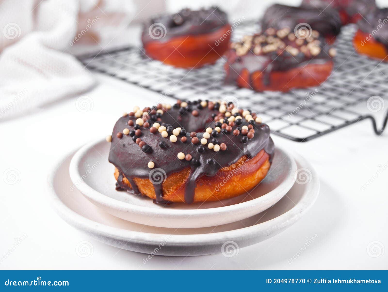 Doughnut on the Baking Rack and on the Plate Glazed with Chocolate ...