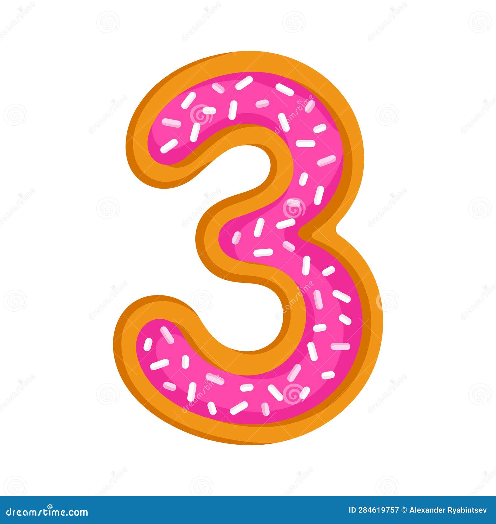 Doughnut Cartoon Number 3. Glazed Pink Donut Digit Three. Stock Vector ...
