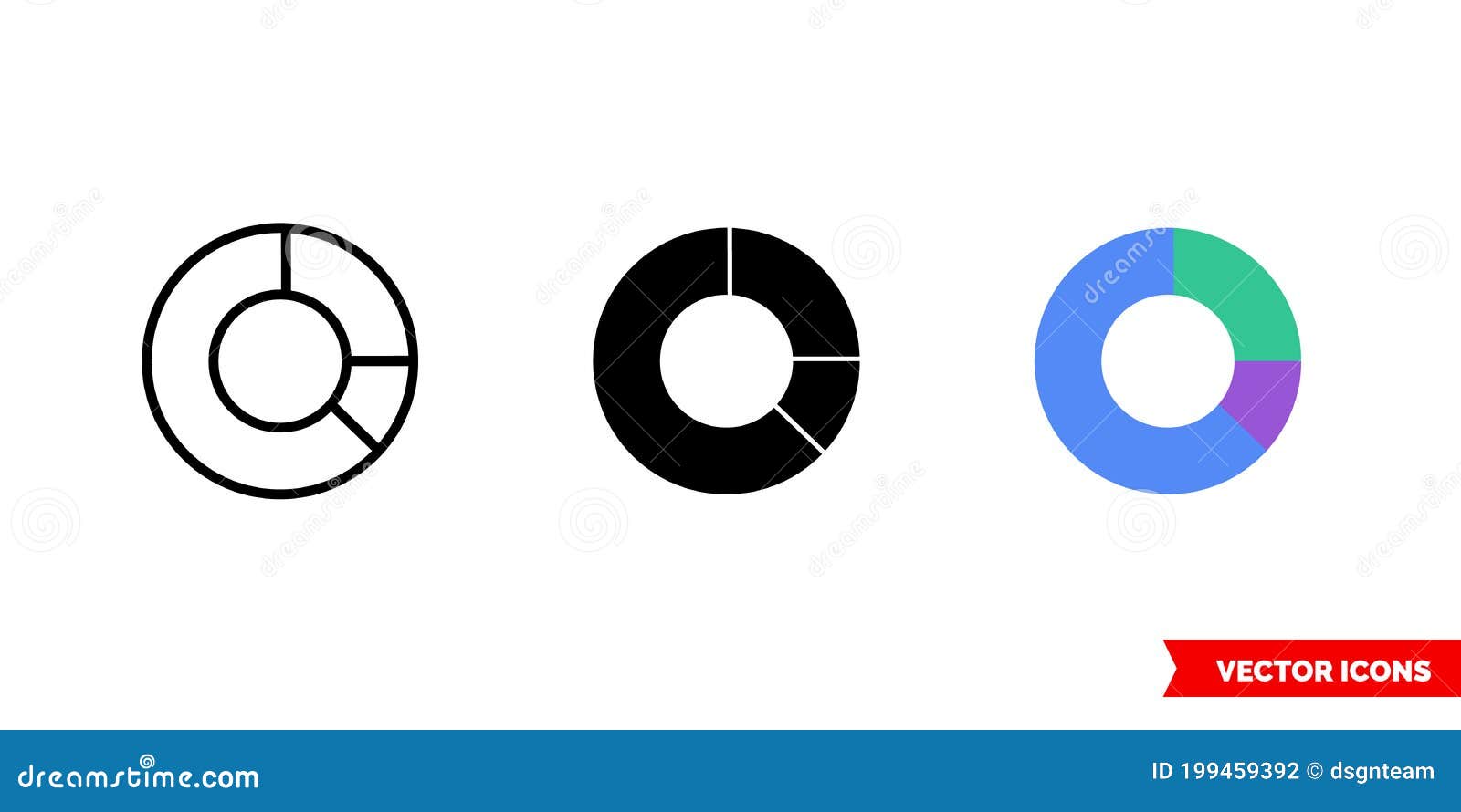 Doughnut Chart Icon of 3 Types Color, Black and White, Outline ...