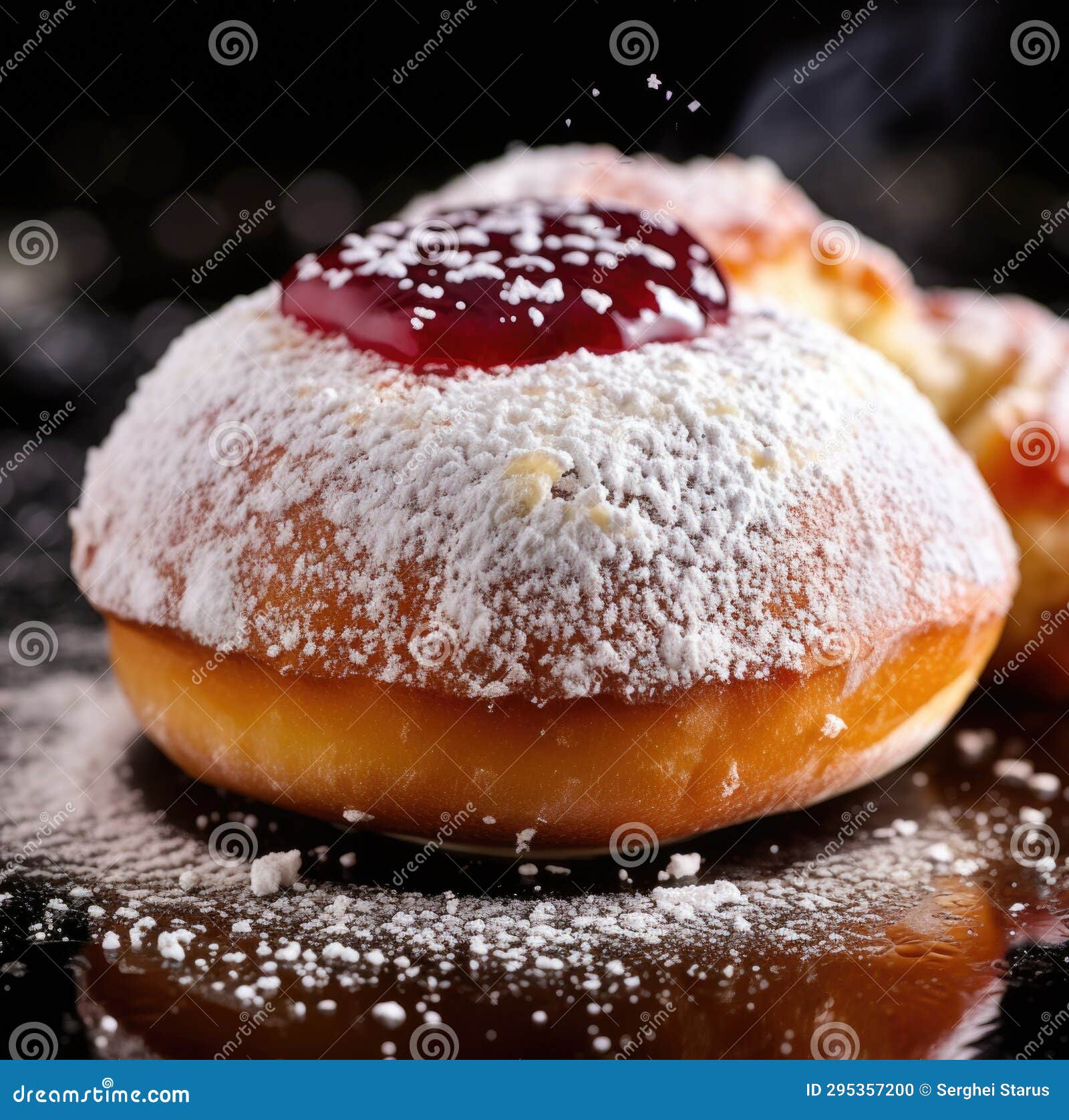 A Doughnut with Powdered Sugar and Jam on Top, AI Stock Photo - Image ...