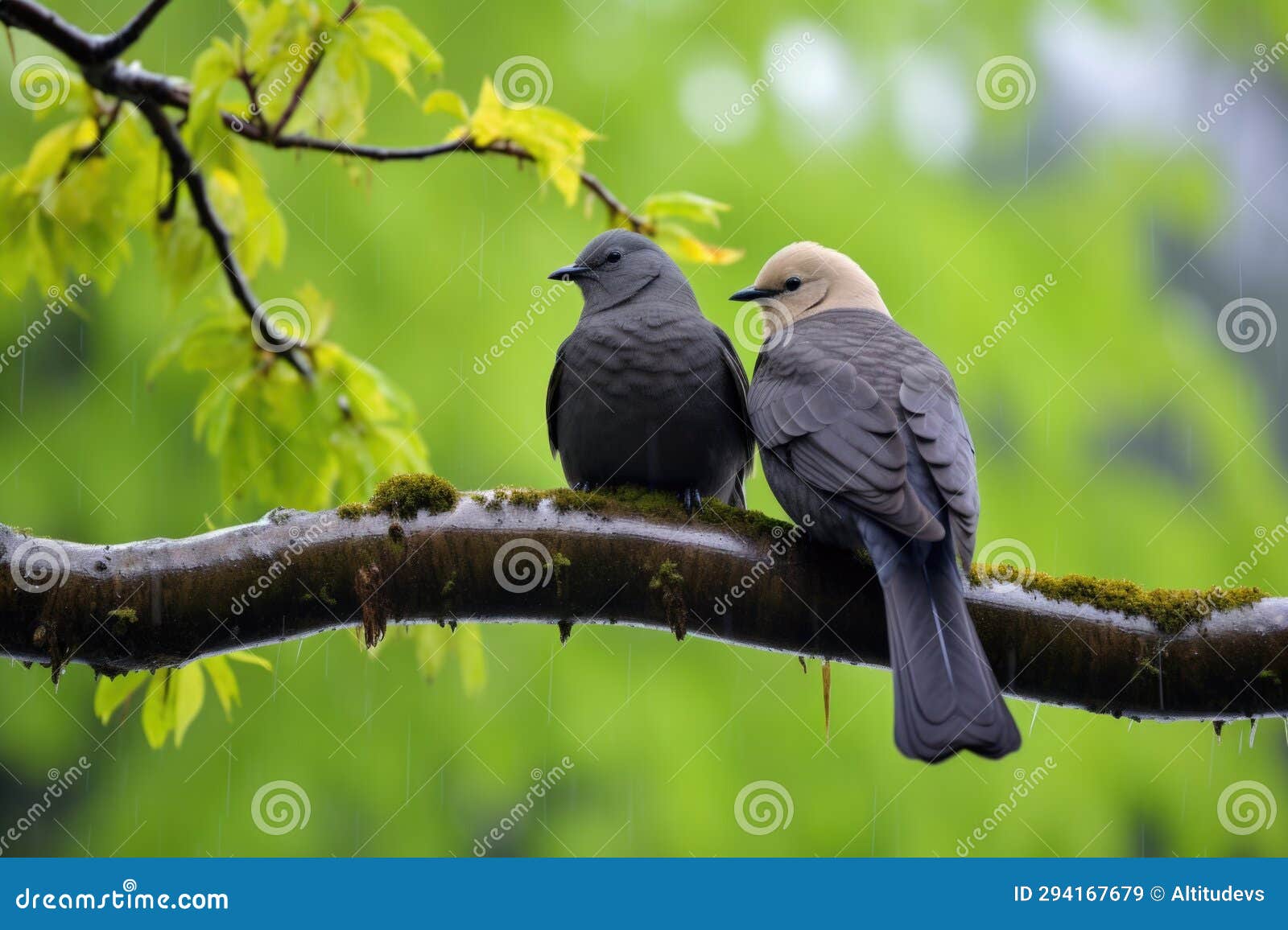 Dove and Crow on a Branch, Both Under an Umbrella Stock Illustration ...