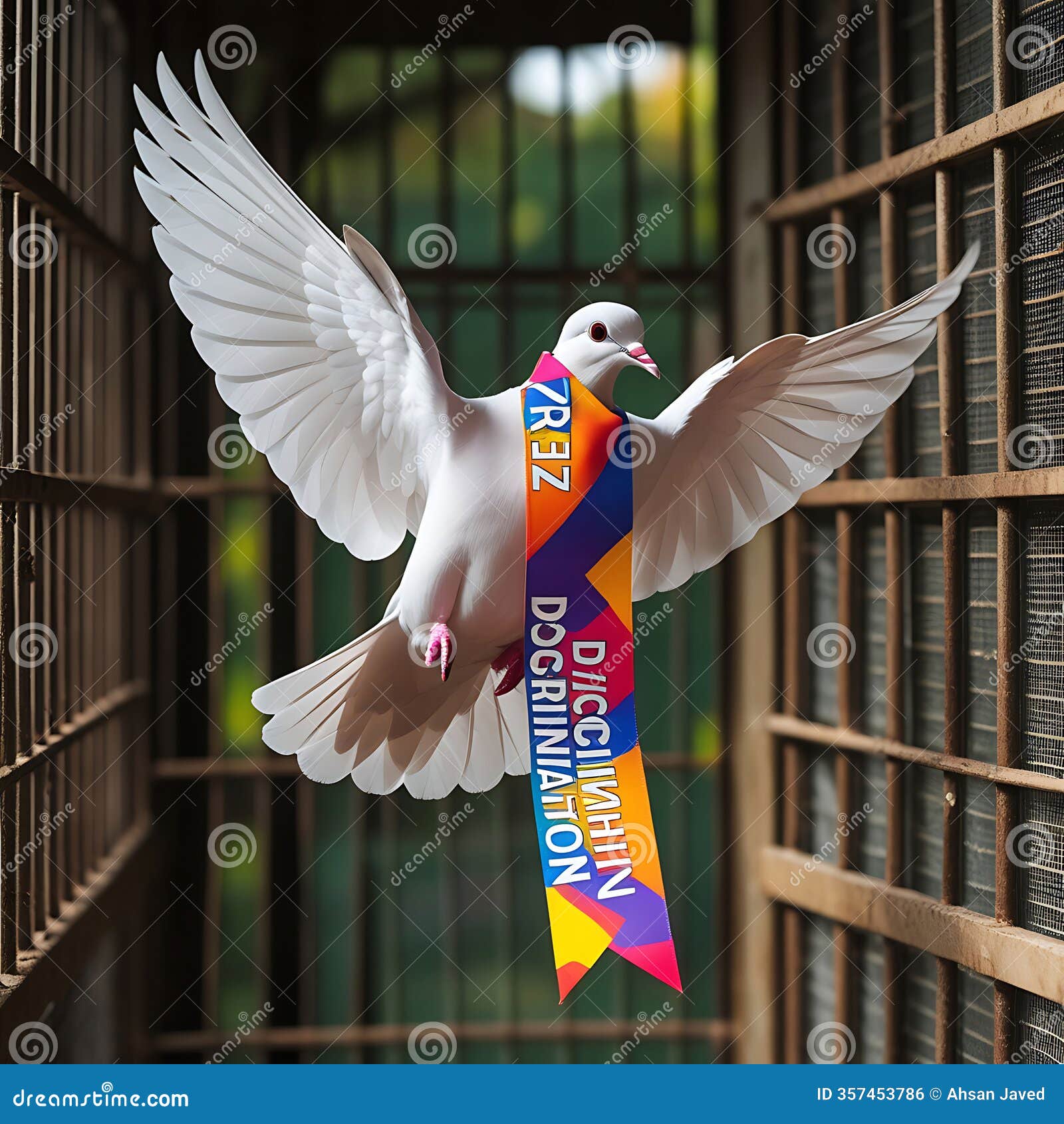Dove Flying from Cage with Ribbon Reading Zero Discrimination Stock ...