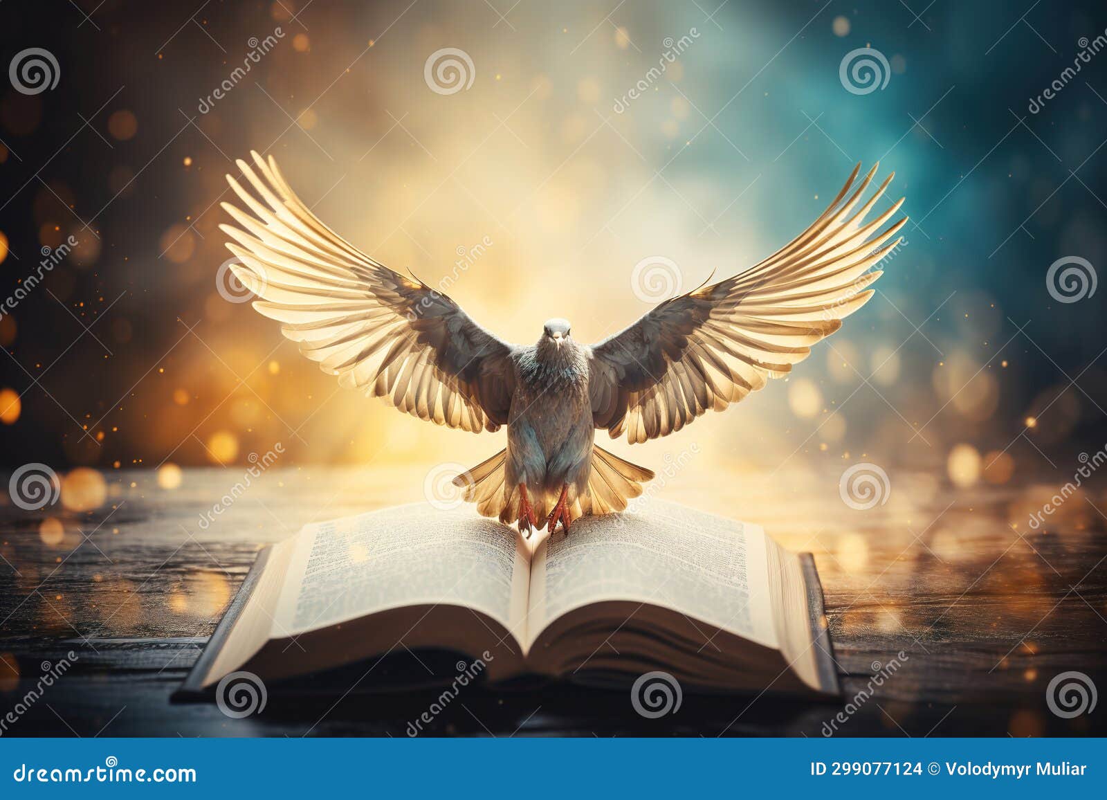 A Dove with Outstretched Wings Over an Open Bible in the Sunlight Stock ...