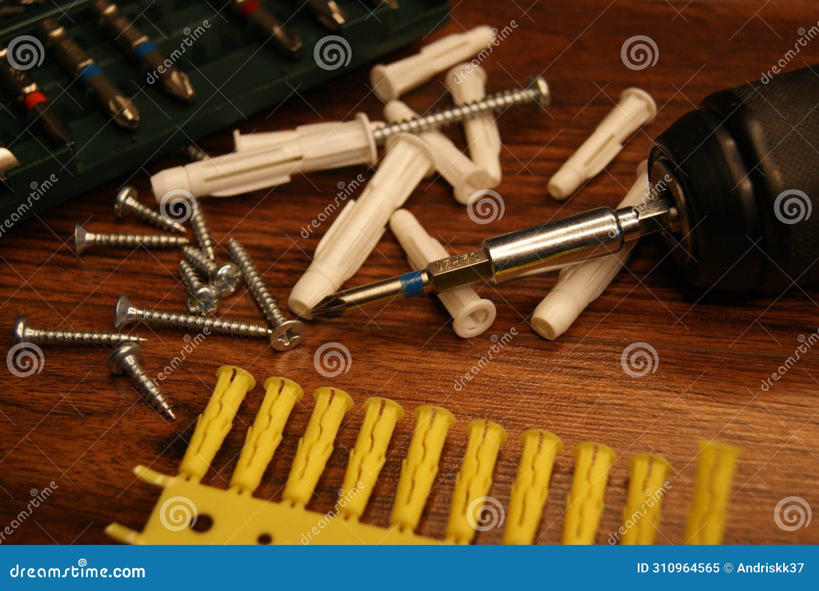 Dowels, Screws, Screwdriver, Bit Set. a Mess in the Assembly Work ...