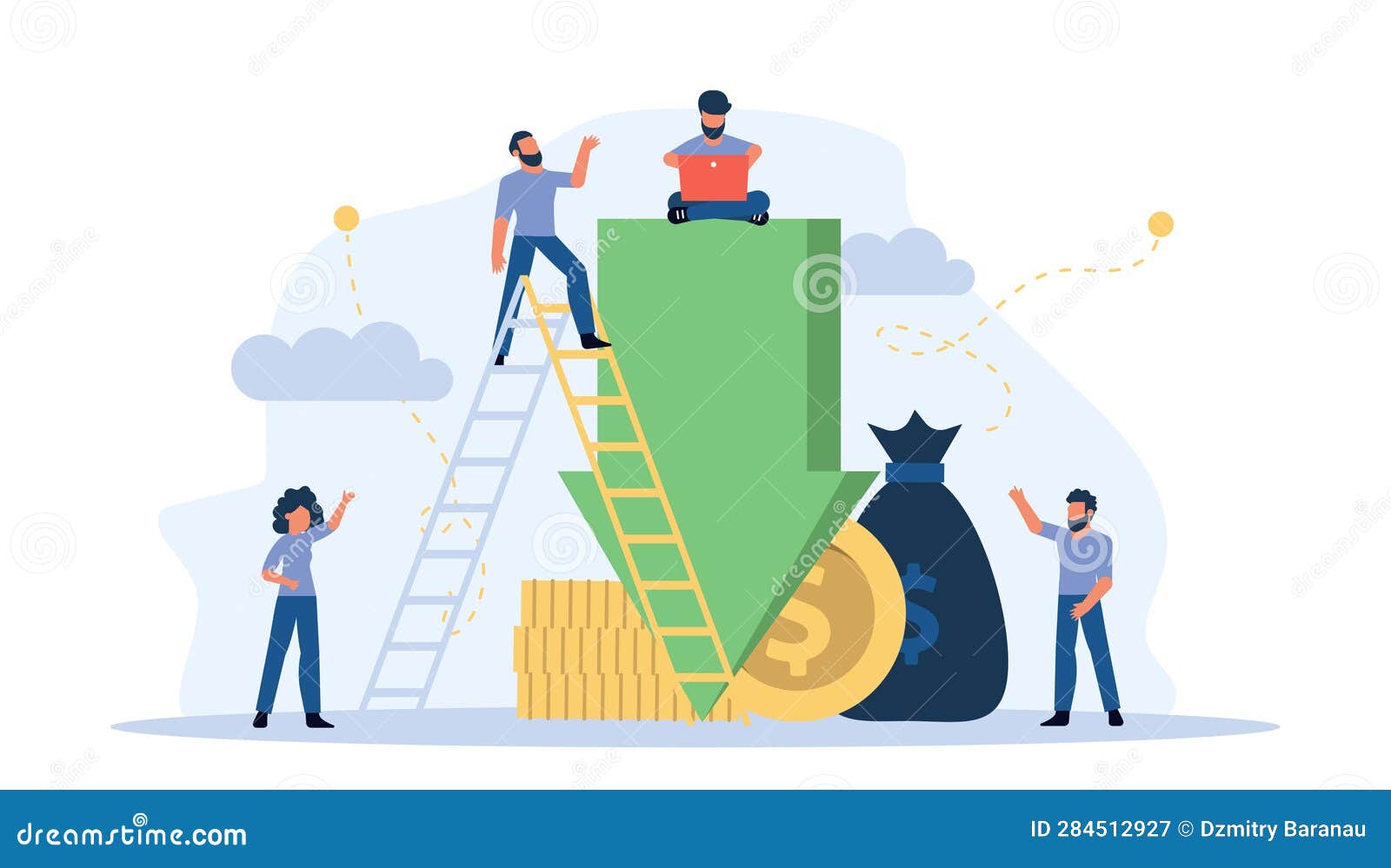 Down Arrow Decrease Vector Interest Discount Rate Percent Low. Man and Woman with Coins and ...