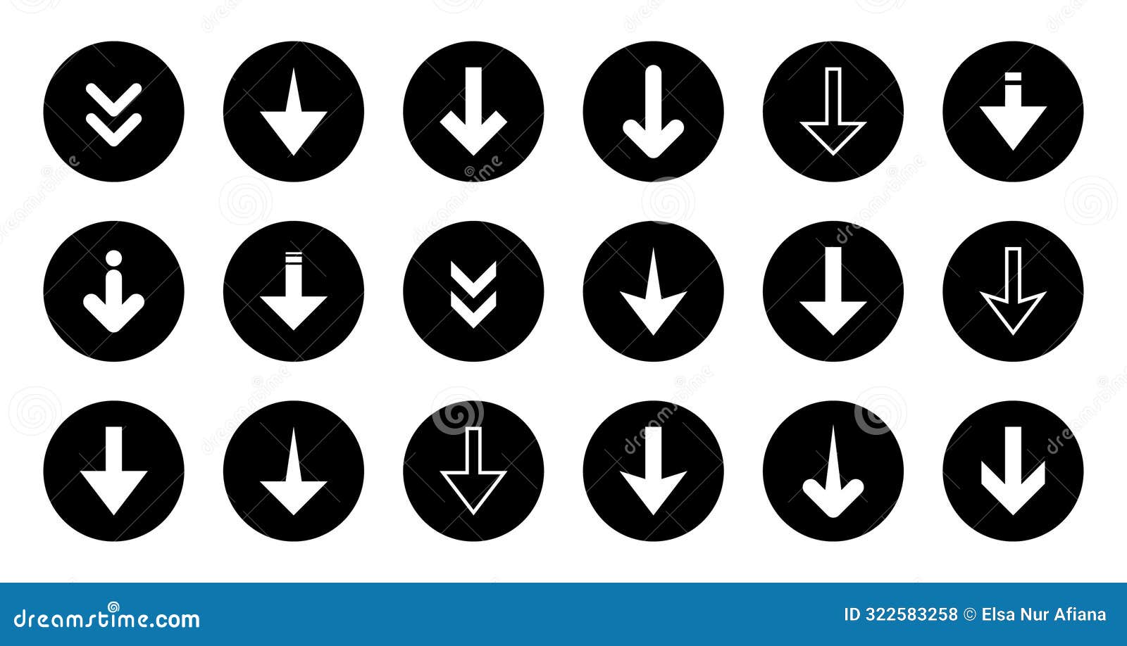 Down Arrow Icon Set Collection on Black Circle. Decrease Concept Stock Vector - Illustration of ...