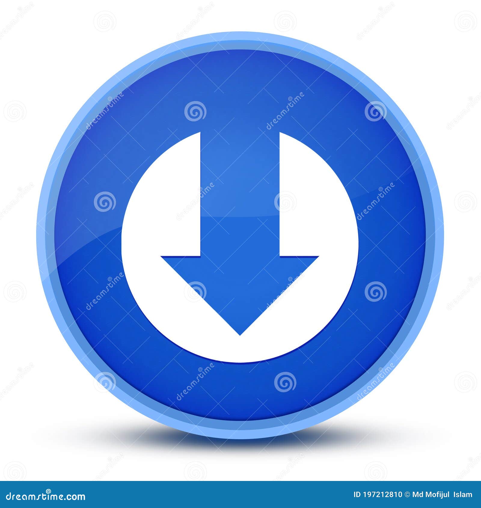 Down Arrow Luxurious Glossy Blue Round Button with White Background ...