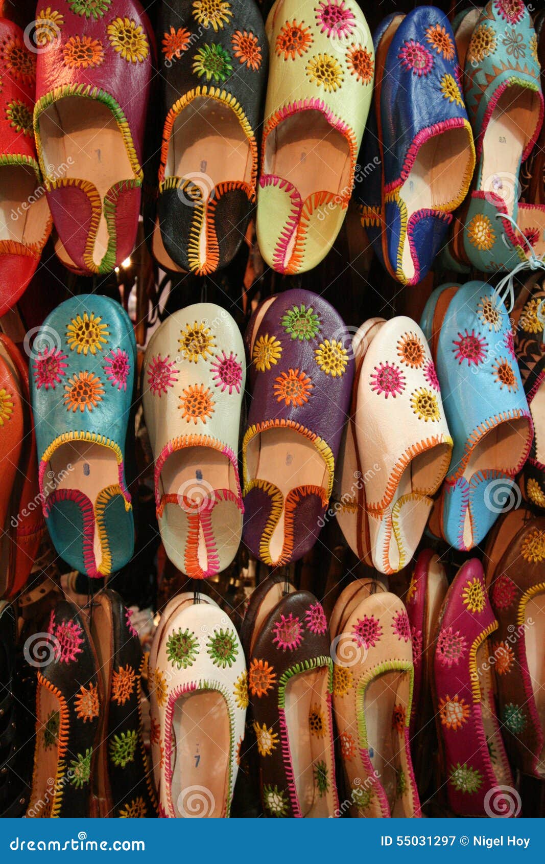 Moroccan Shoes on Rack in Shop Stock Image - Image of colour, pattern ...