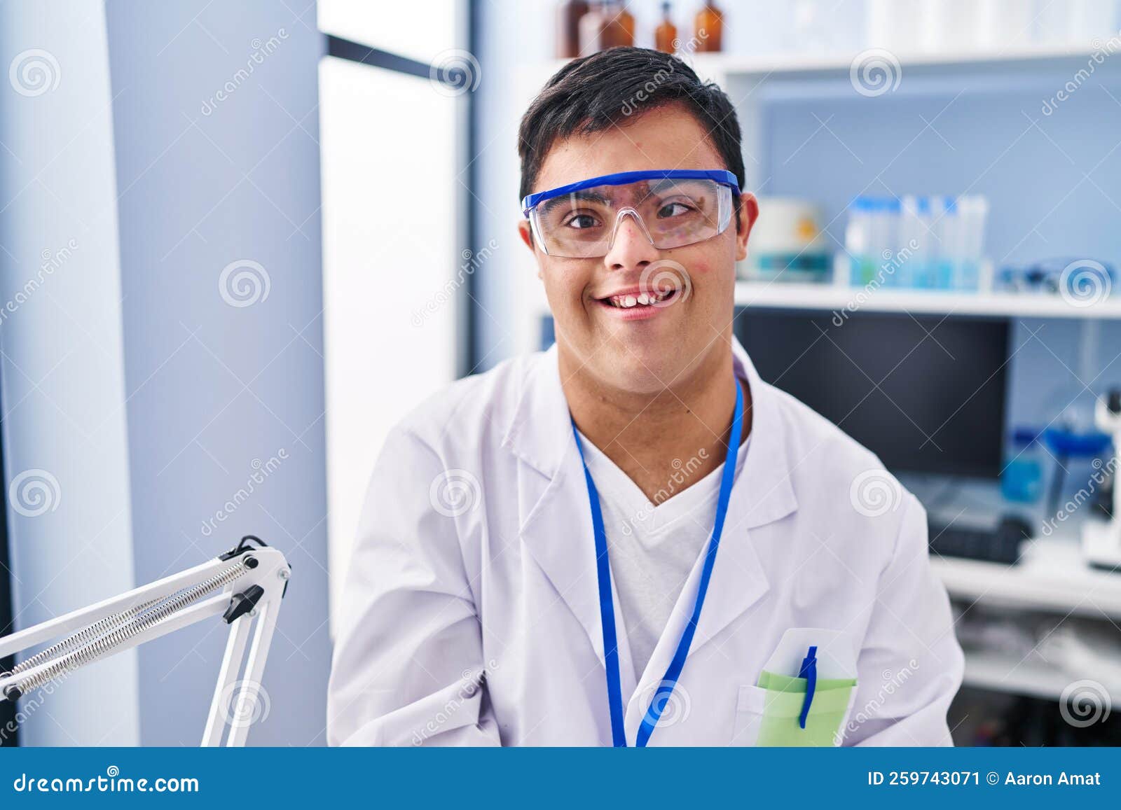 Down Syndrome Man Wearing Scientist Uniform Standing at Laboratory ...