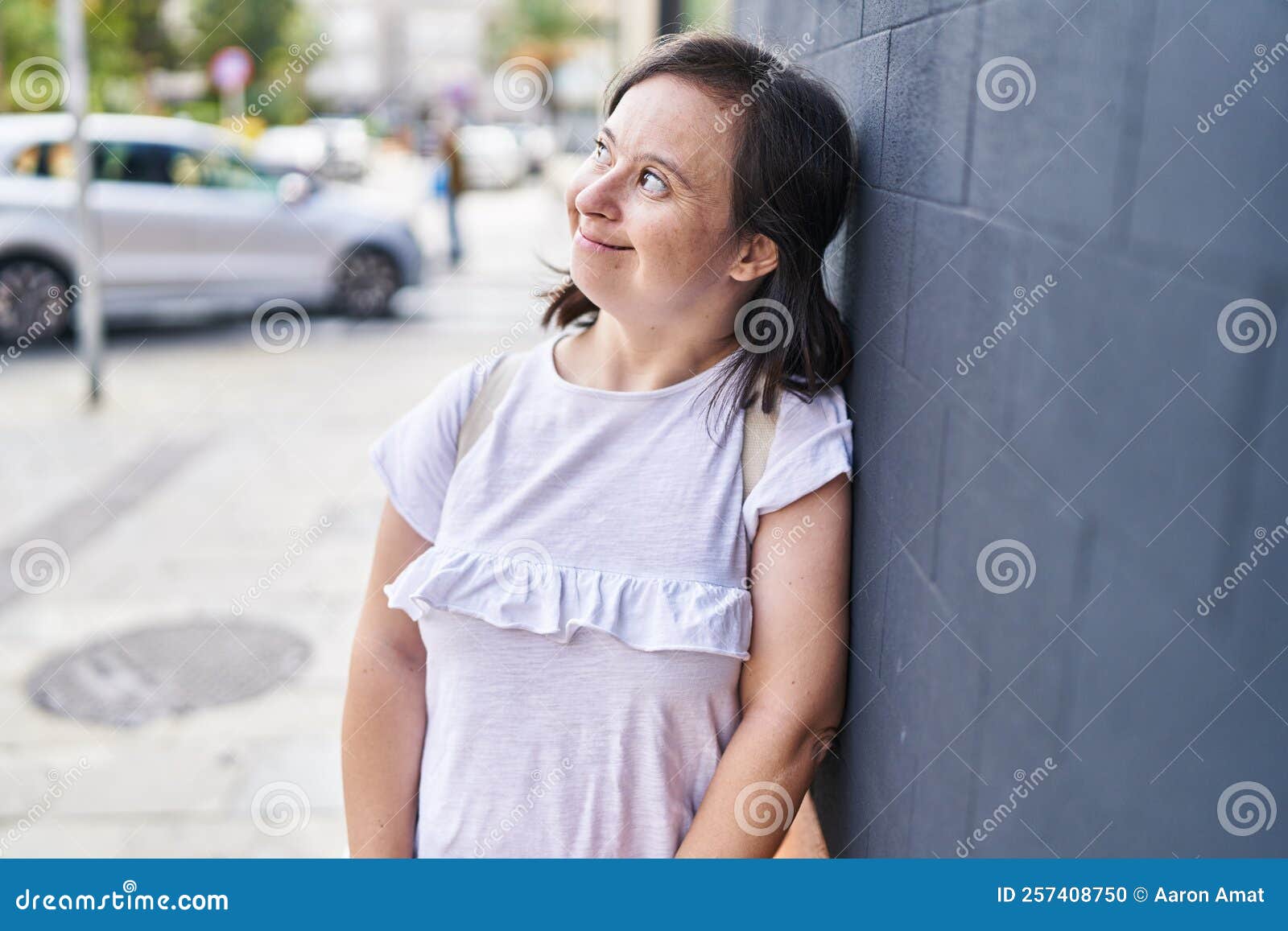 Down Syndrome Woman Smiling Confident Standing at Street Stock Photo ... Down Syndrome Woman Smiling Confident Standing at Street Stock Photo ...