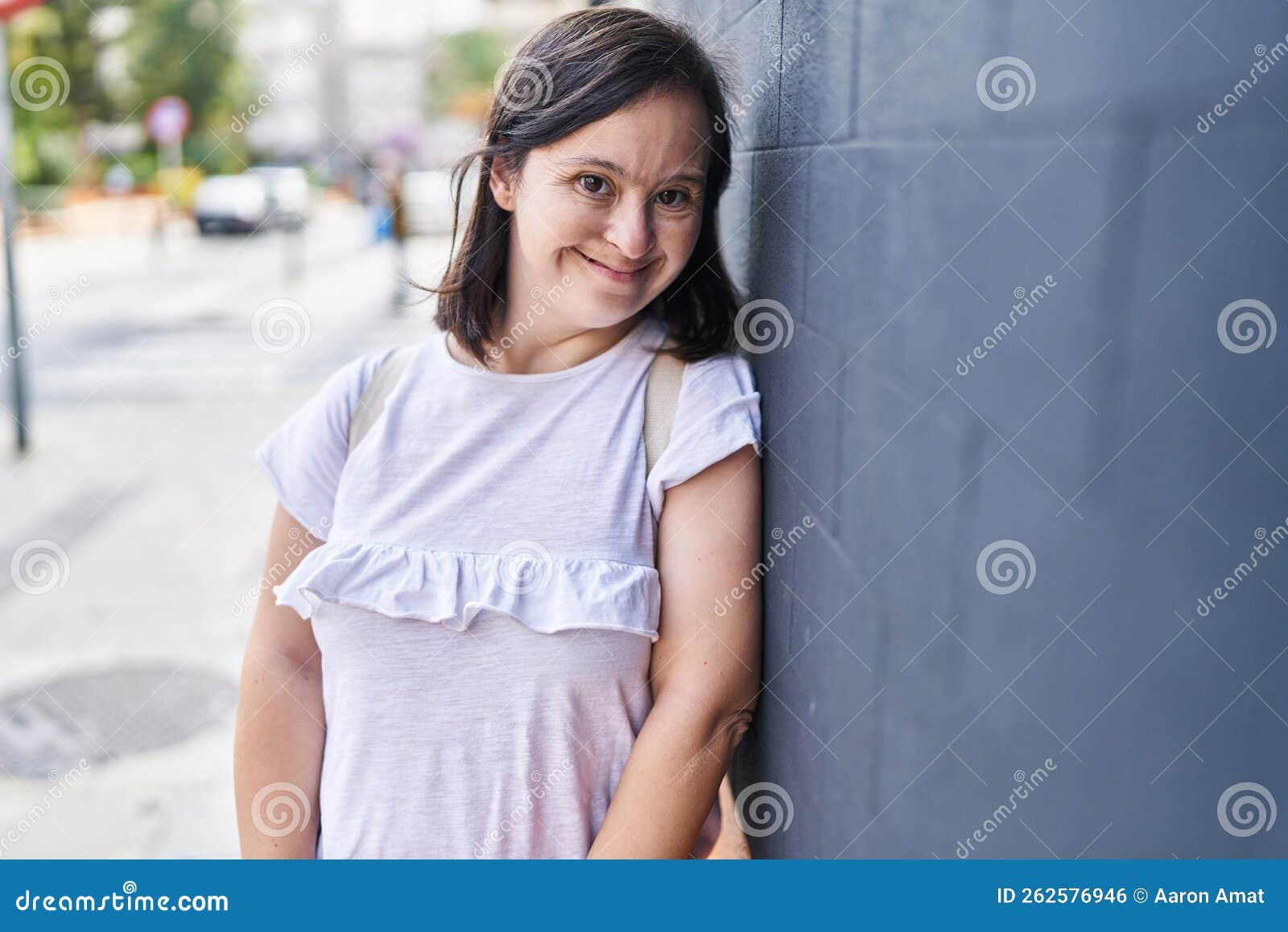 Down Syndrome Woman Smiling Confident Standing at Street Stock Photo ... Down Syndrome Woman Smiling Confident Standing at Street Stock Photo ...